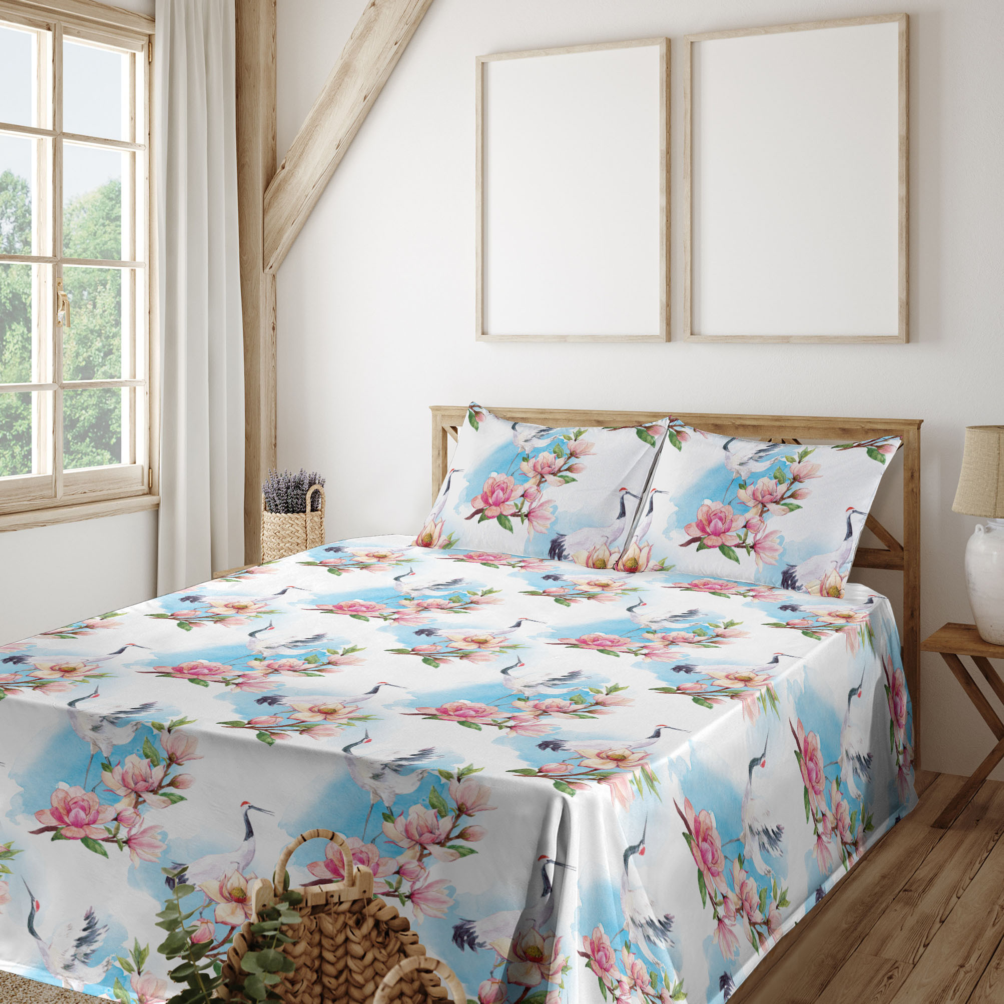 Ambesonne Floral Fitted & Flat Sheet with Shams 4 Pcs Set, Crane Birds ...