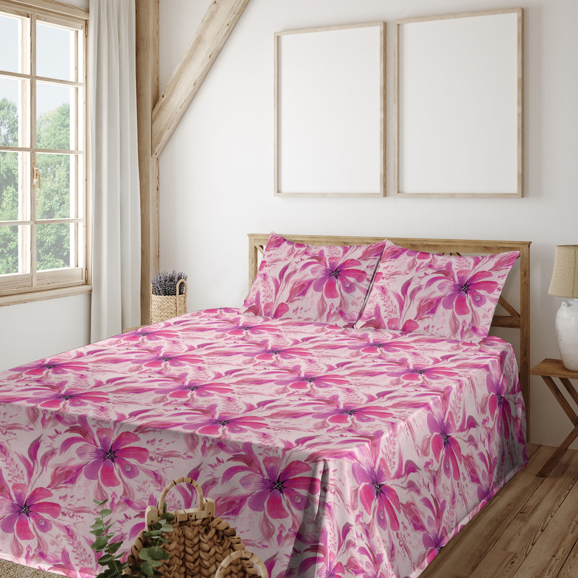 Ambesonne Floral Fitted & Flat Sheet with Shams 4 Pcs Set, Flowers ...
