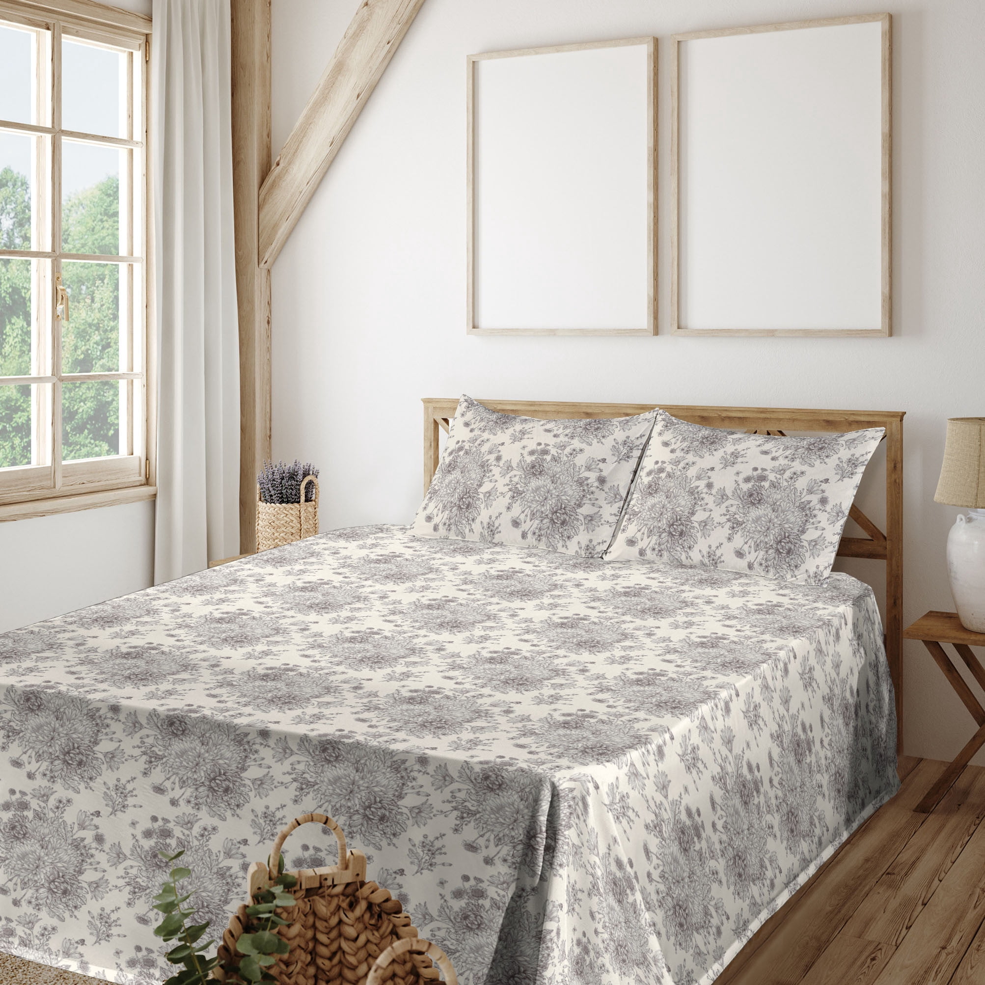 Ambesonne Floral Fitted & Flat Sheet with Shams 4 Pcs Set, Minimalist ...