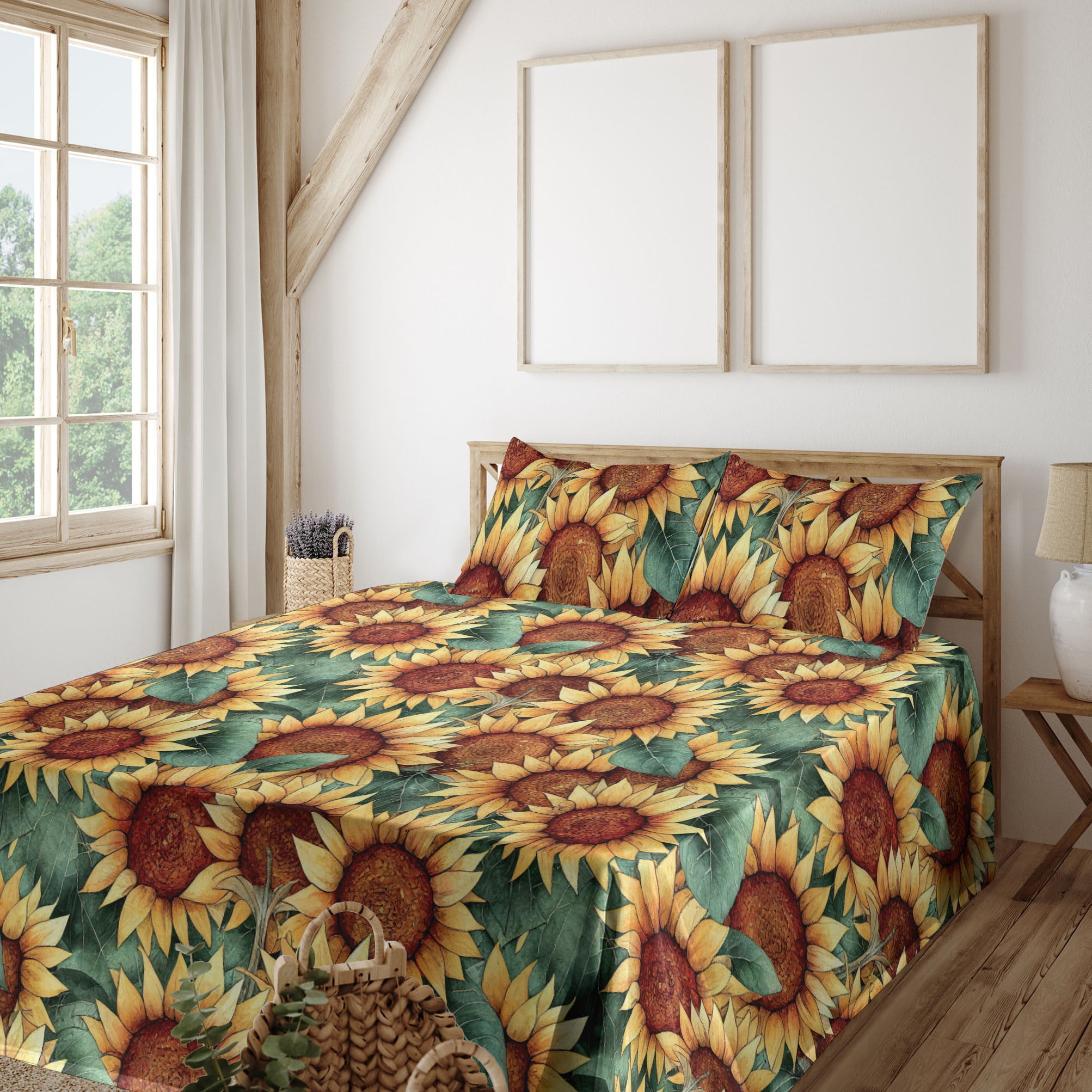Ambesonne Floral Fitted & Flat Sheet with Shams 4 Pcs Set, Sunflowers ...