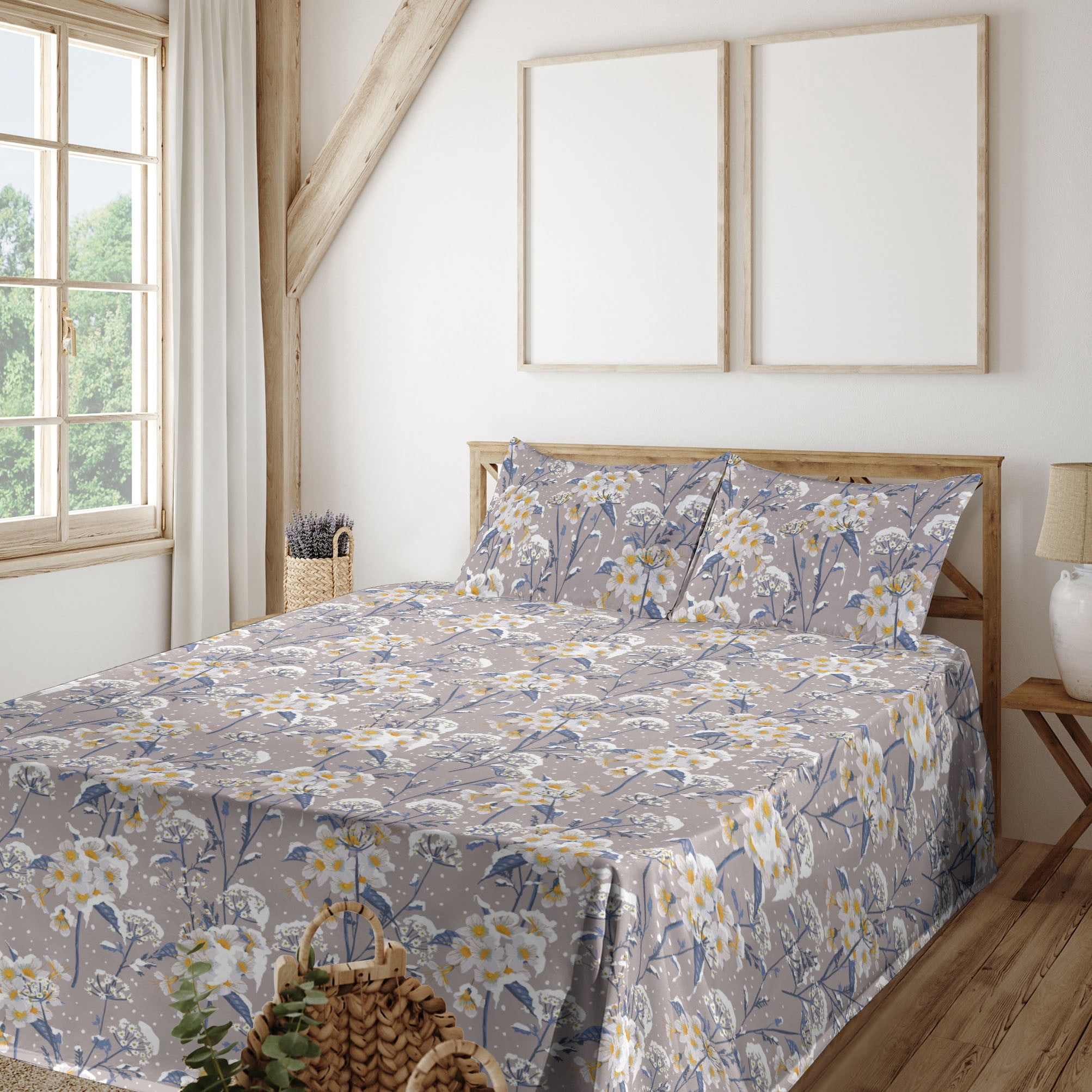 Ambesonne Floral Fitted & Flat Sheet with Shams 4 Pcs Set, Winter Snowy ...