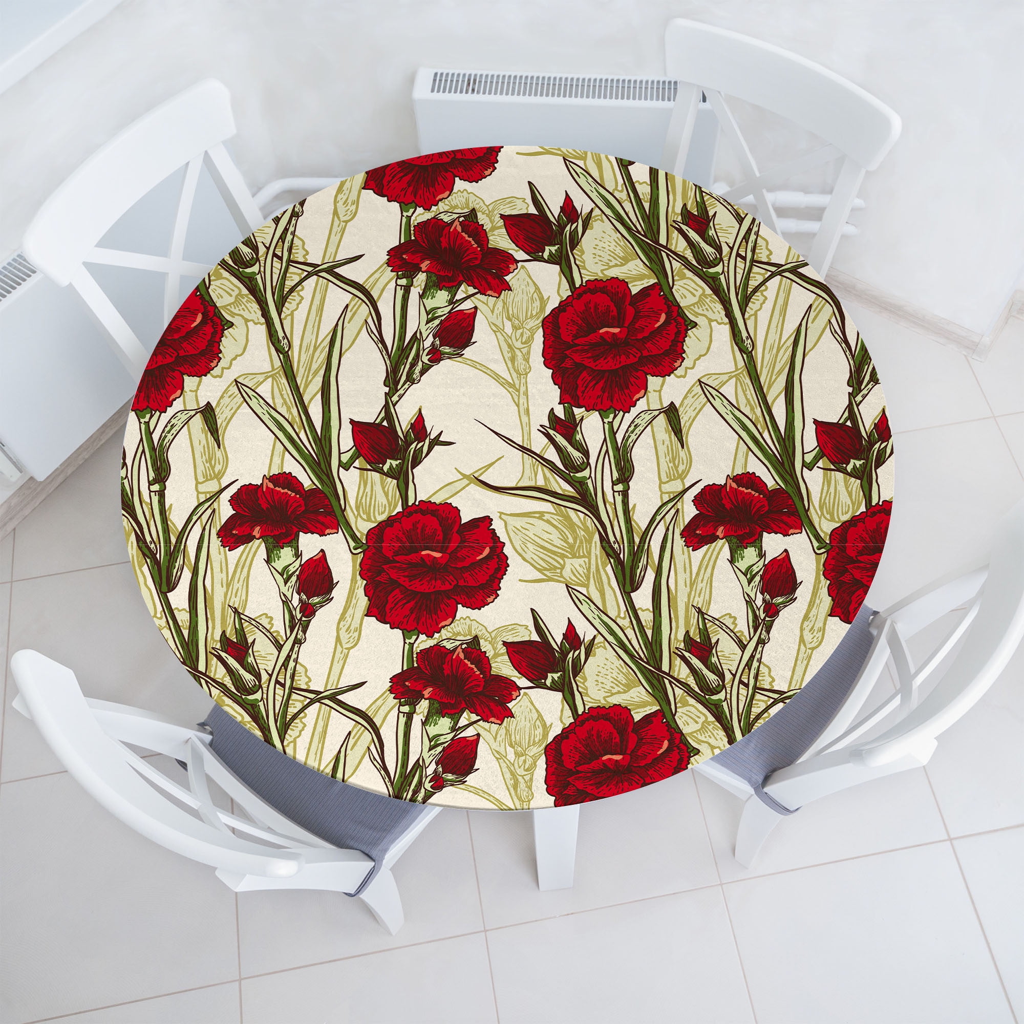Ambesonne Floral Fitted Round Tablecloth, Carnation Flowers Leaves Art ...