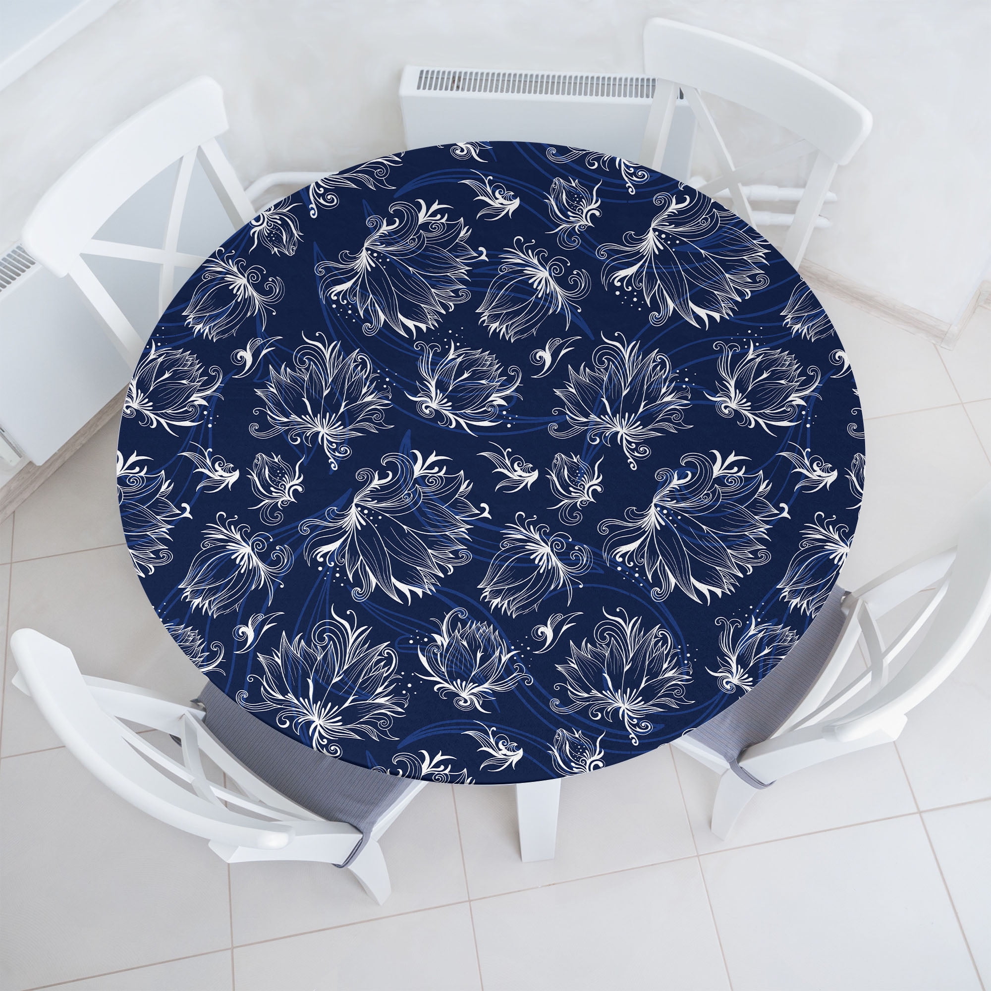 Ambesonne Floral Fitted Round Tablecloth, Line Art Lotus Flowers Plot ...
