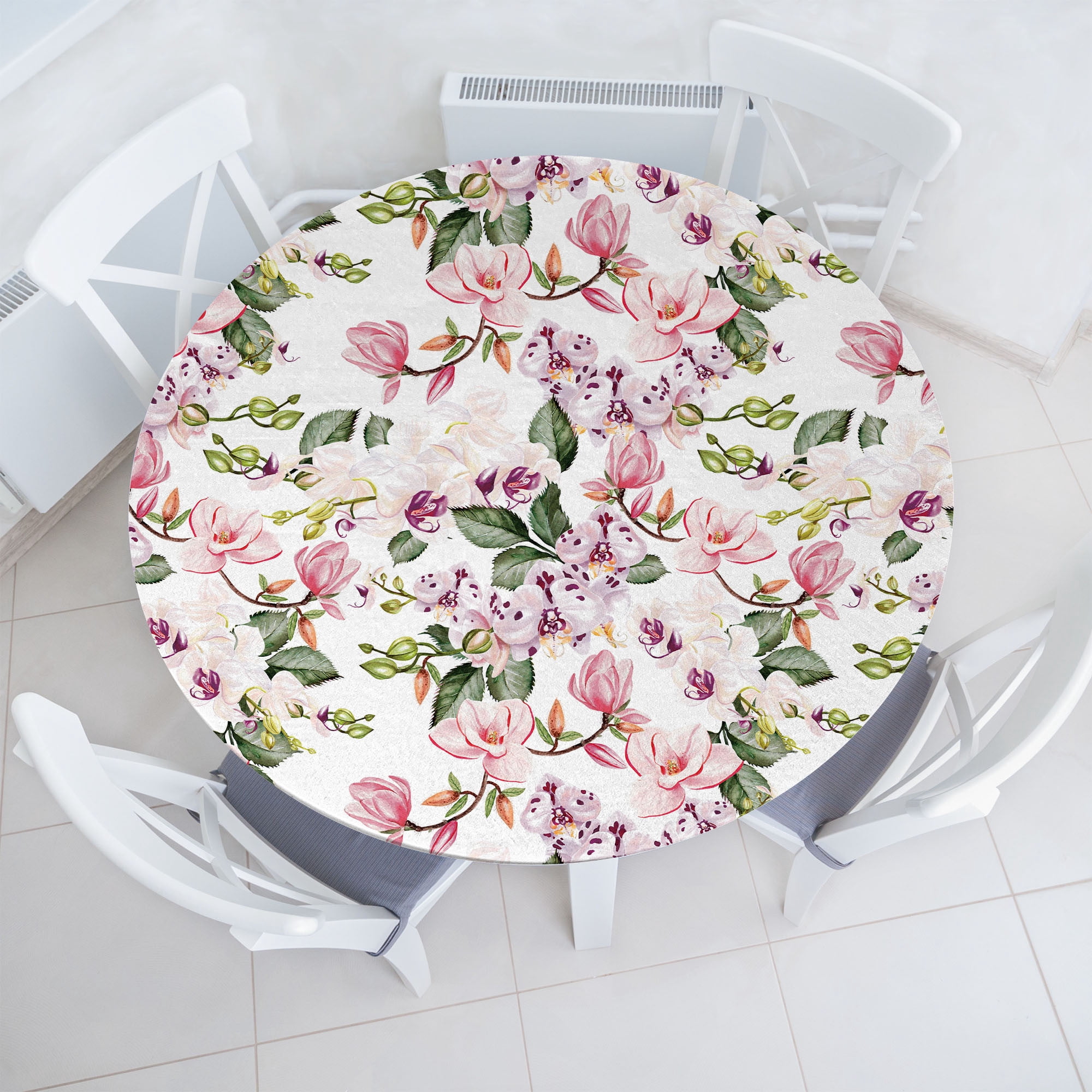Ambesonne Floral Fitted Round Tablecloth, Magnolia and Orchid Petals ...