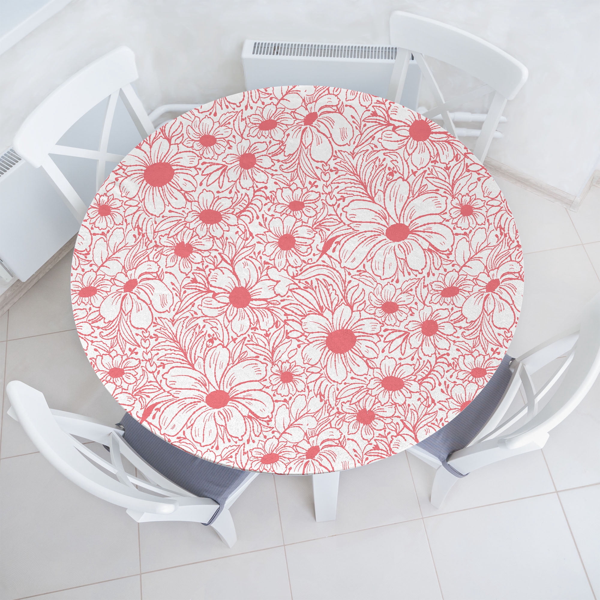 Ambesonne Floral Fitted Round Tablecloth, Monochrome Chamomiles Retro ...