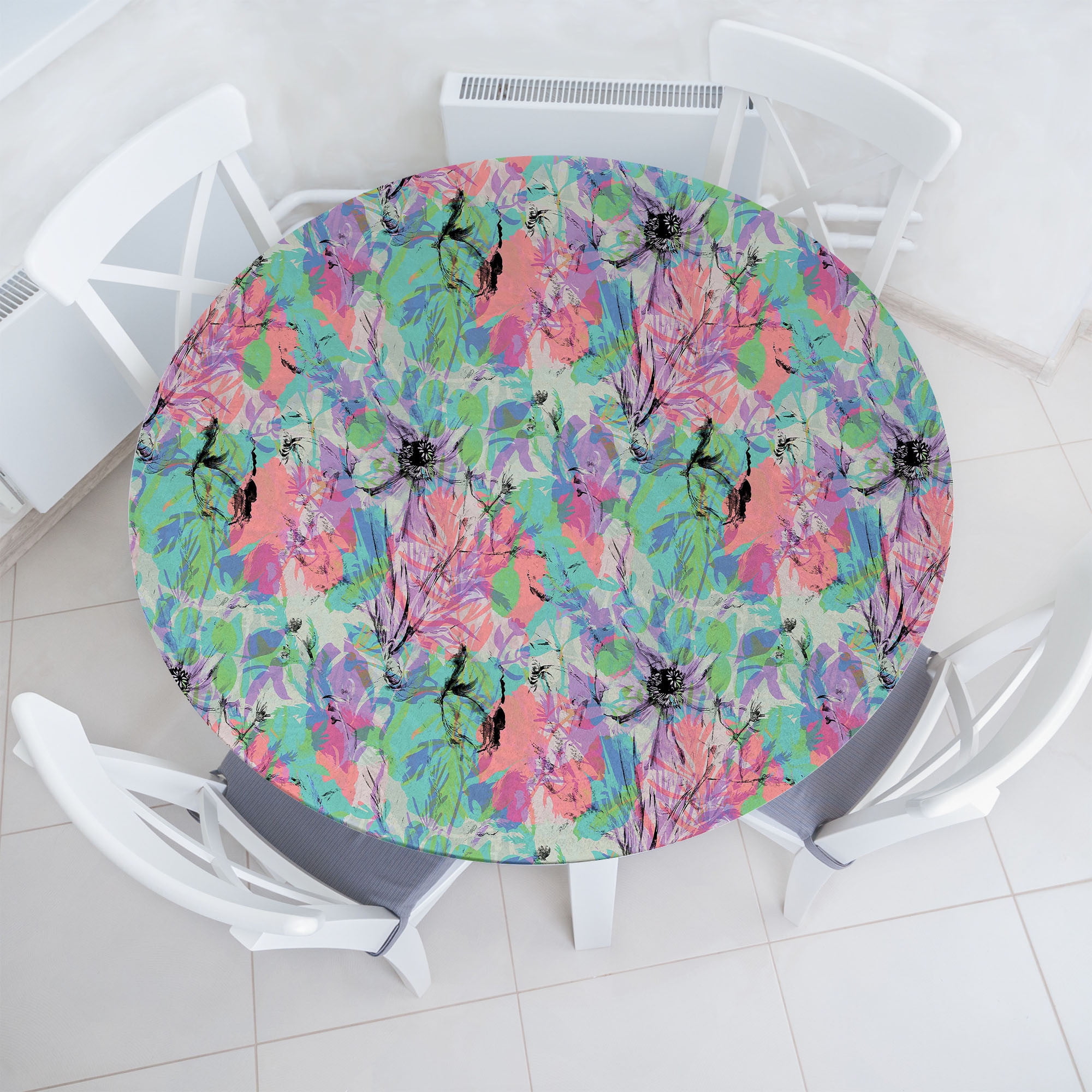 Ambesonne Floral Fitted Round Tablecloth, Psychedelic Jumble Flowers ...