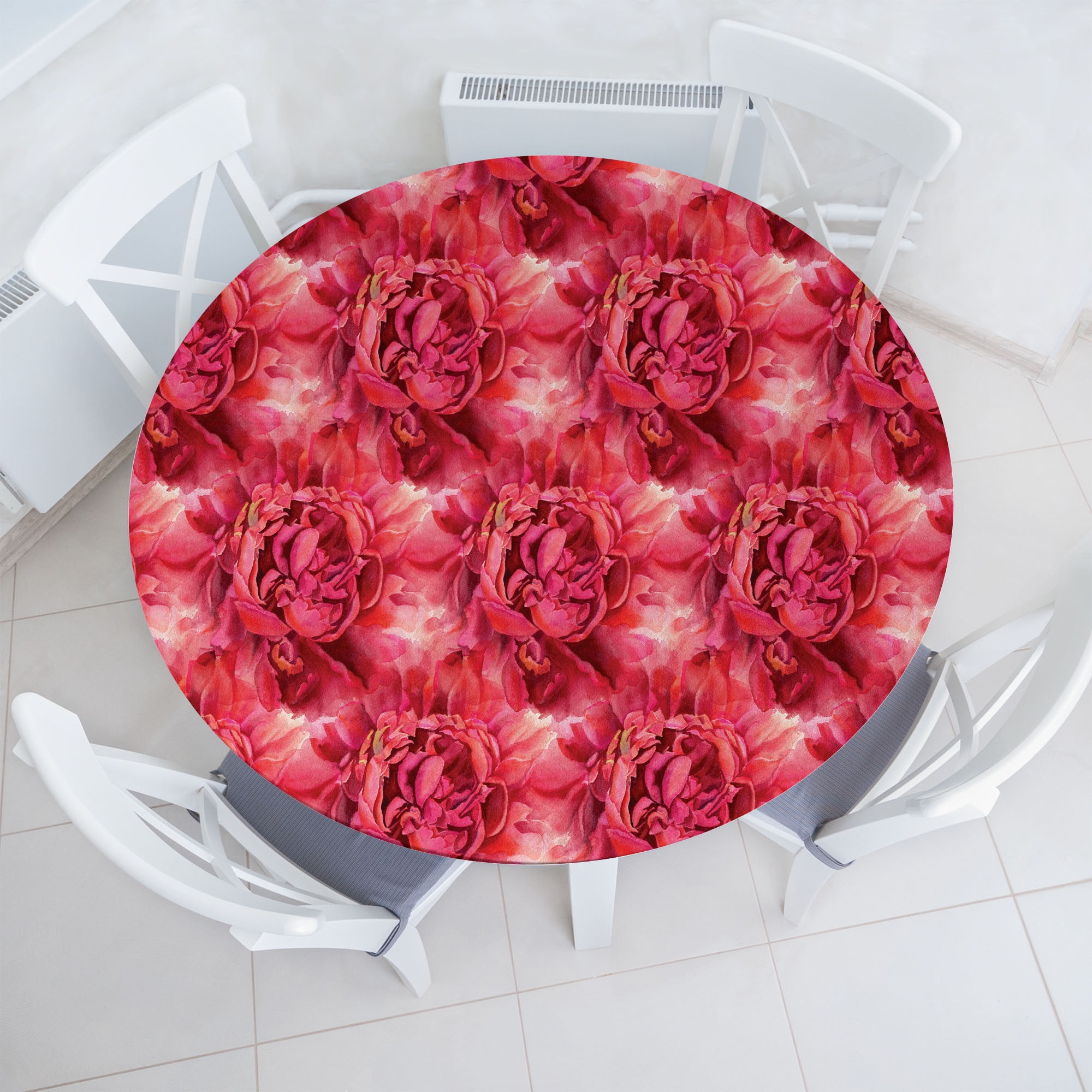 Ambesonne Floral Fitted Round Tablecloth, Red Peonies Watercolor Art ...
