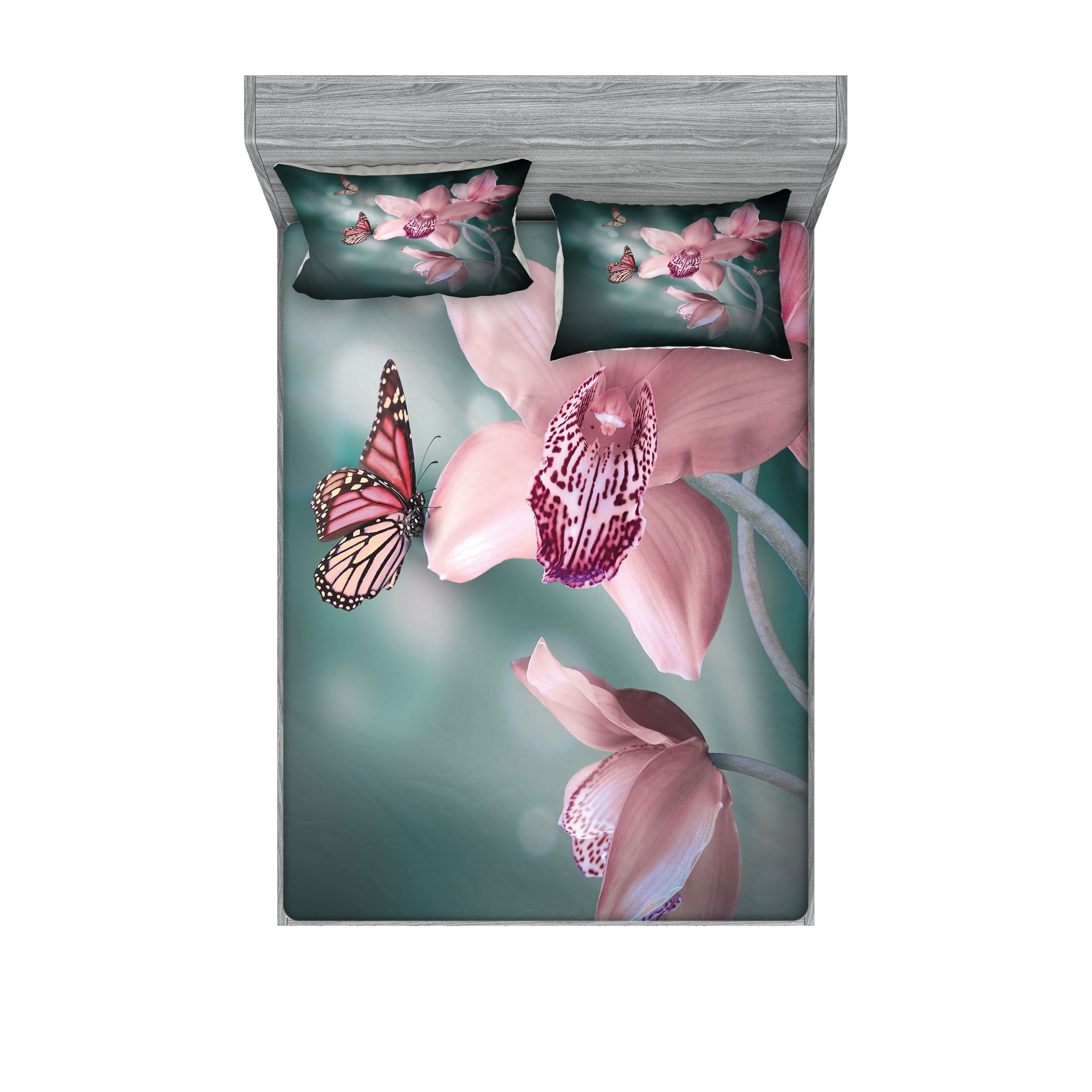 Ambesonne Floral Fitted Sheet & Pillow Sham Set, Orchid Flower Butterfly, Queen, Jade Green Pale ...