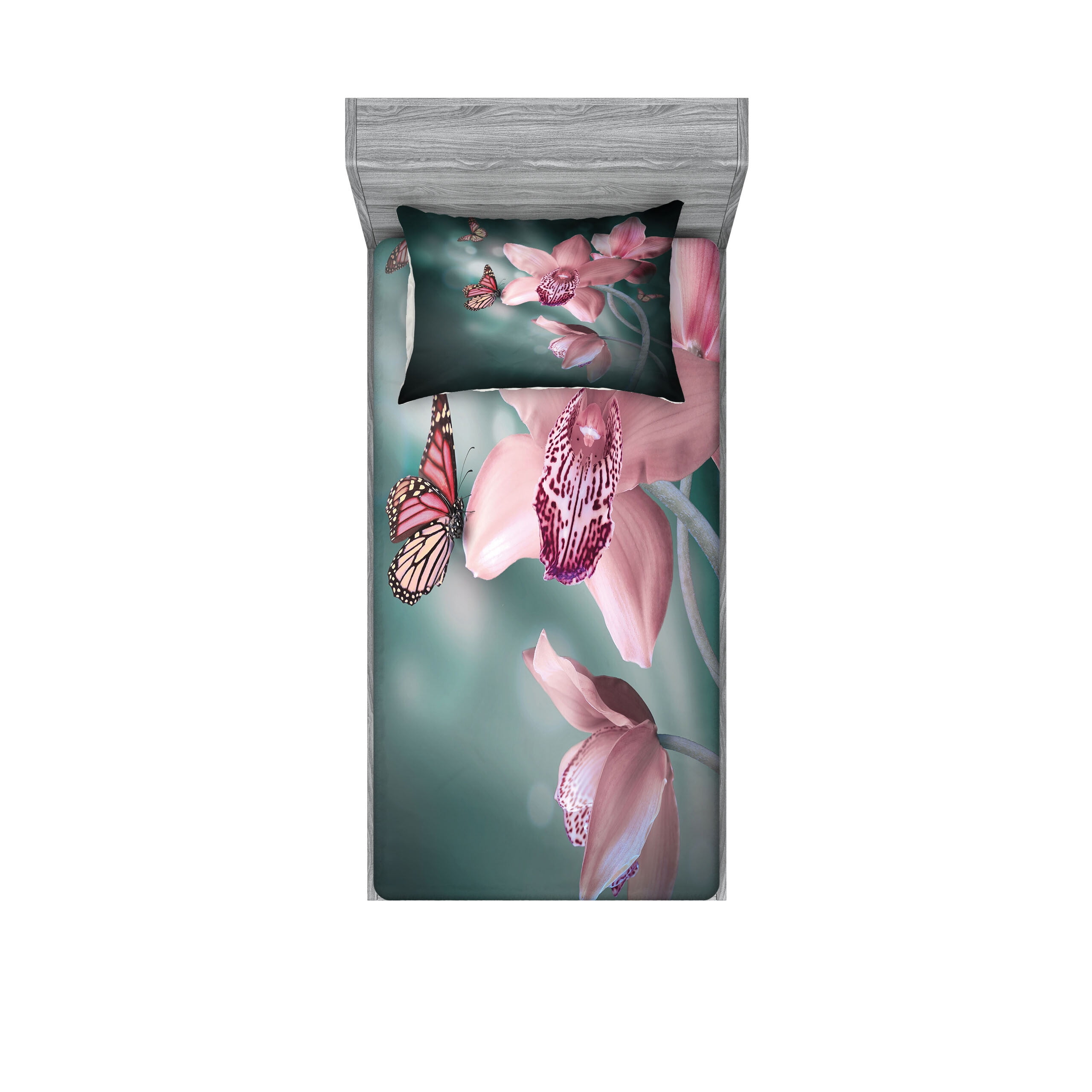 Ambesonne Floral Fitted Sheet & Pillow Sham Set, Orchid Flower ...