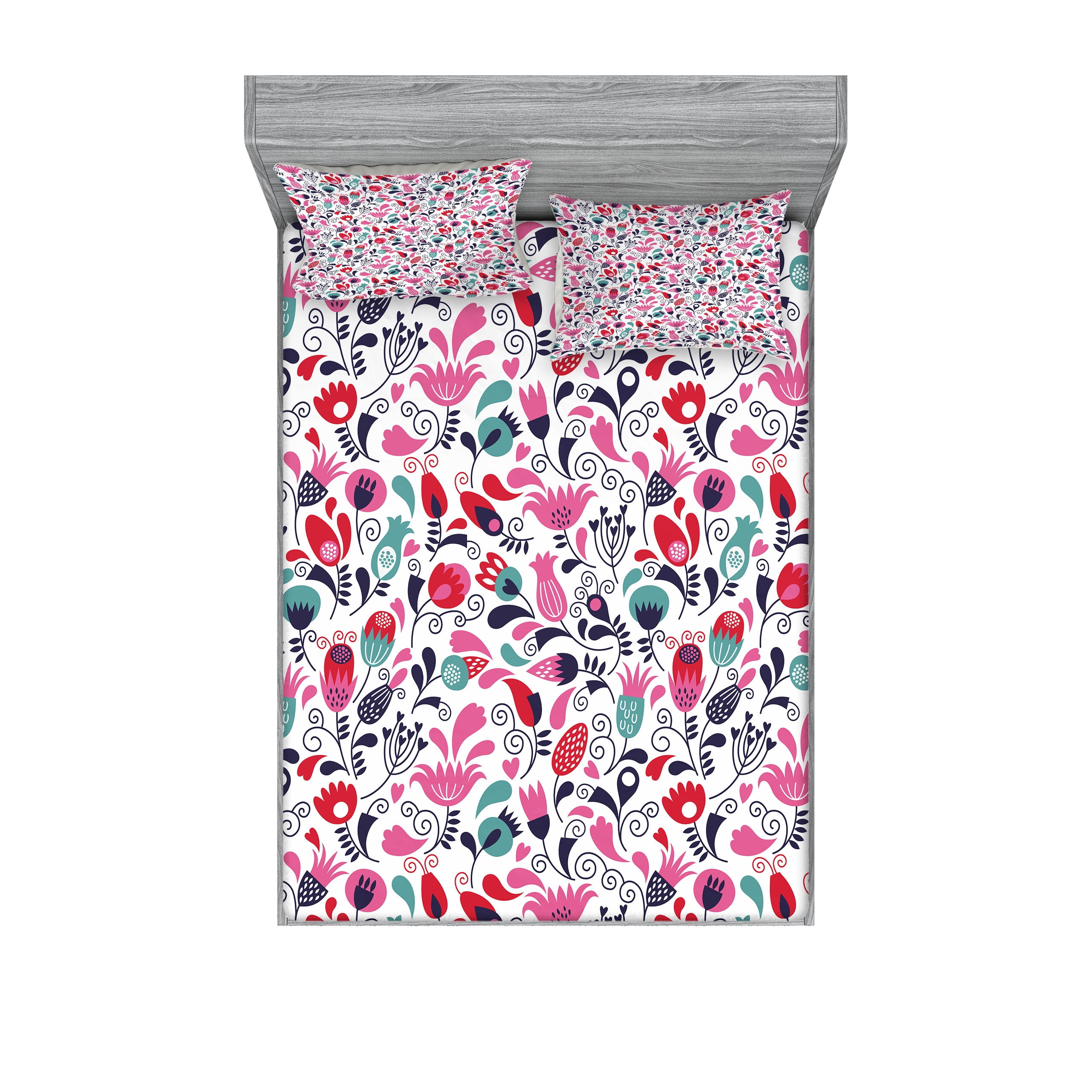 Ambesonne Floral Fitted Sheet & Pillow Sham Set, Ornate Swirls Tulip Art, Queen, Pink Teal Red ...