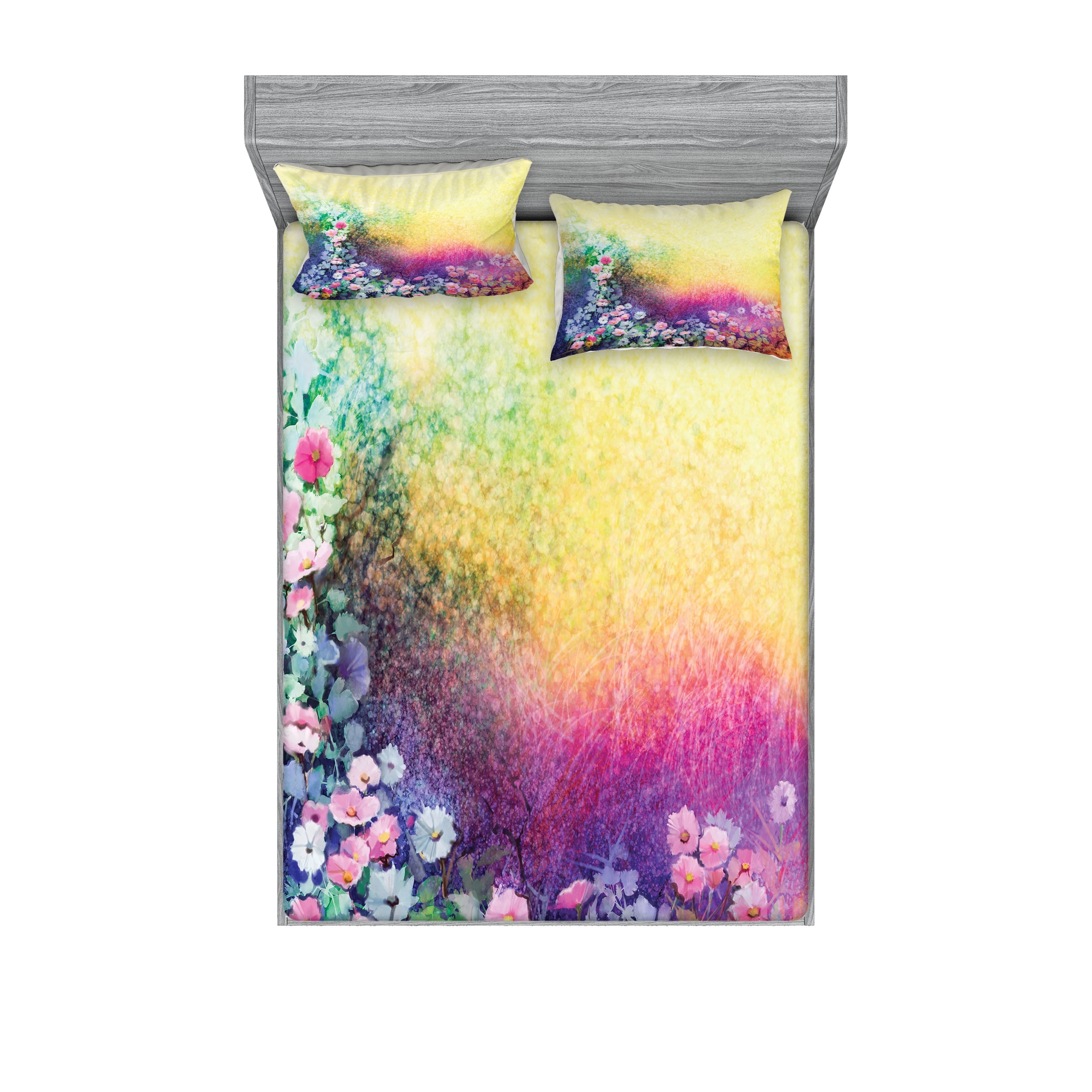 Ambesonne Floral Fitted Sheet & Pillow Sham Set, Spring Flowers Ivy Art, Queen, Purple Yellow ...