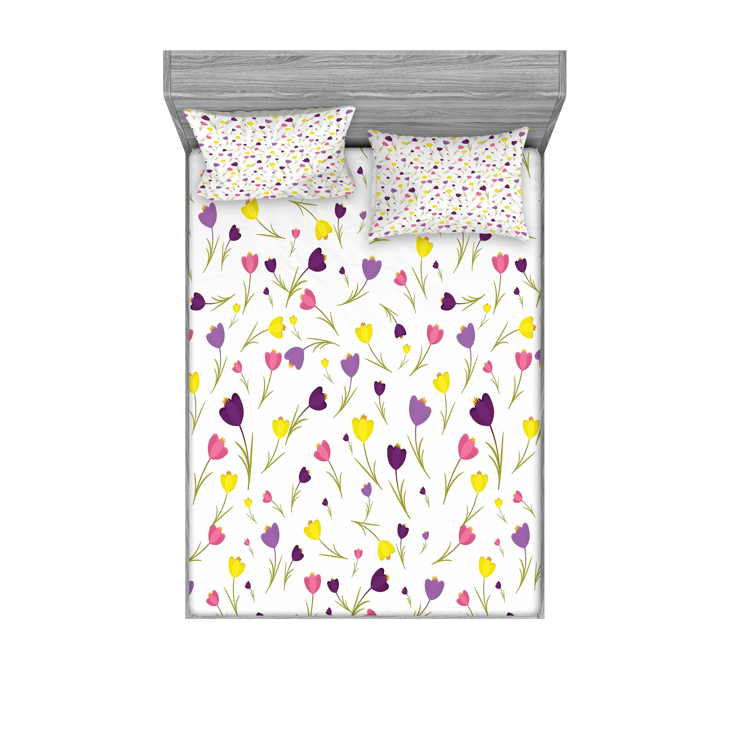Ambesonne Floral Fitted Sheet & Pillow Sham Set, Tulips Spring Romantic, Queen, Purple Yellow ...