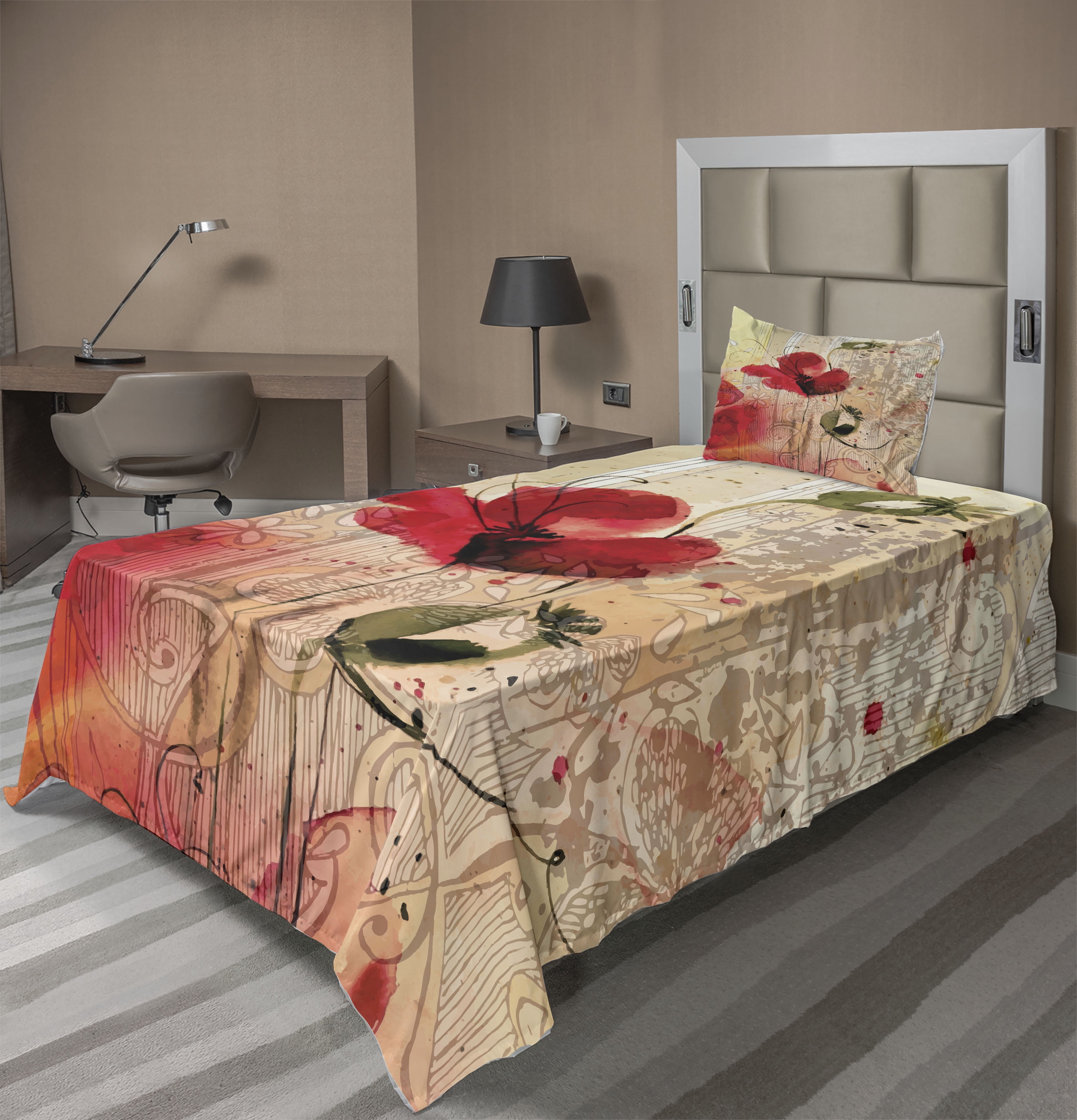Ambesonne Floral Fitted & Top Sheet Set with Sham, Retro Floral Design ...