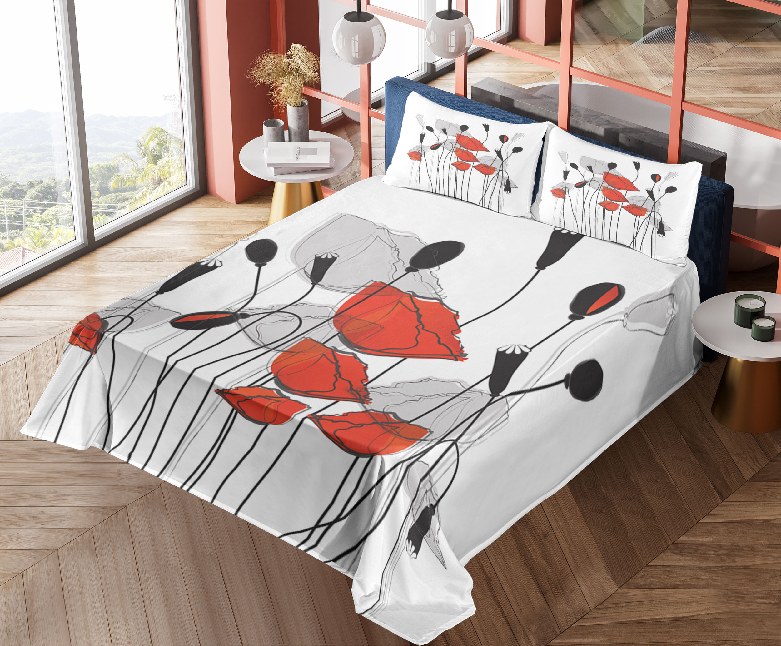 Ambesonne Floral Fitted & Top Sheet Set with Shams, Hand Drawn Poppy ...
