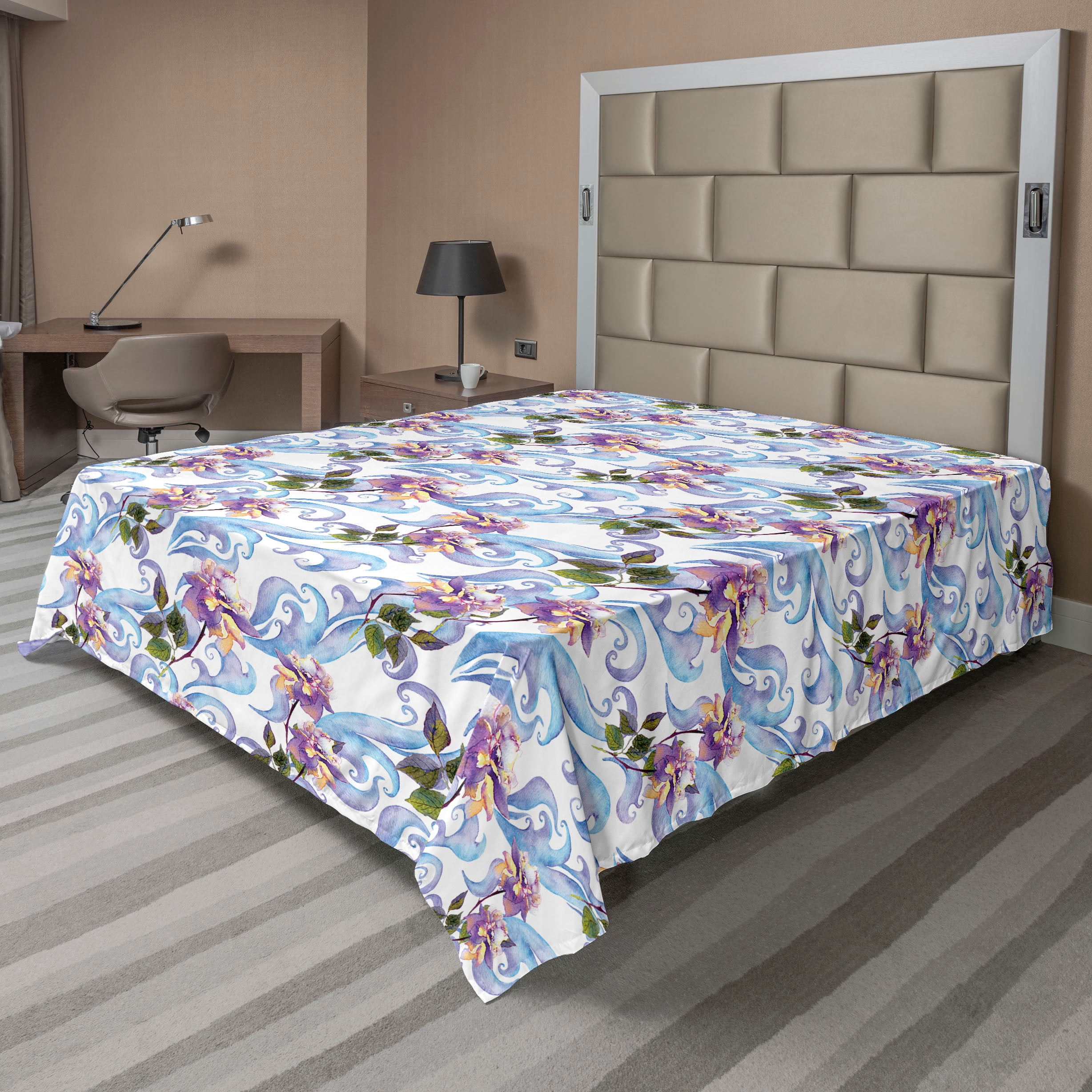 Ambesonne Floral Flat Bedding Sheet Soft Top Sheet, Curves Waves Rose ...