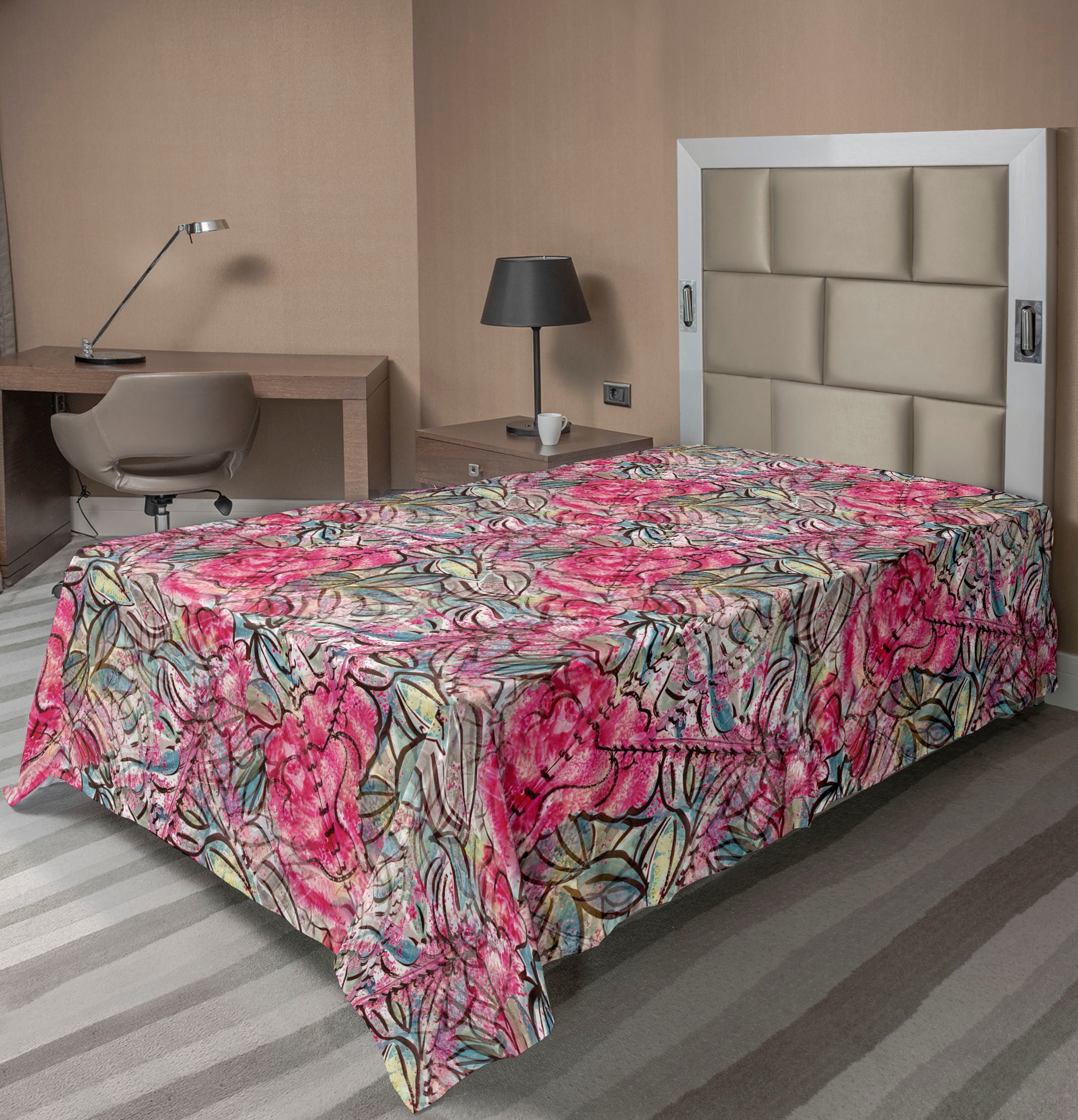 Ambesonne Floral Flat Bedding Sheet Soft Top Sheet, Flower Leaf Ink ...