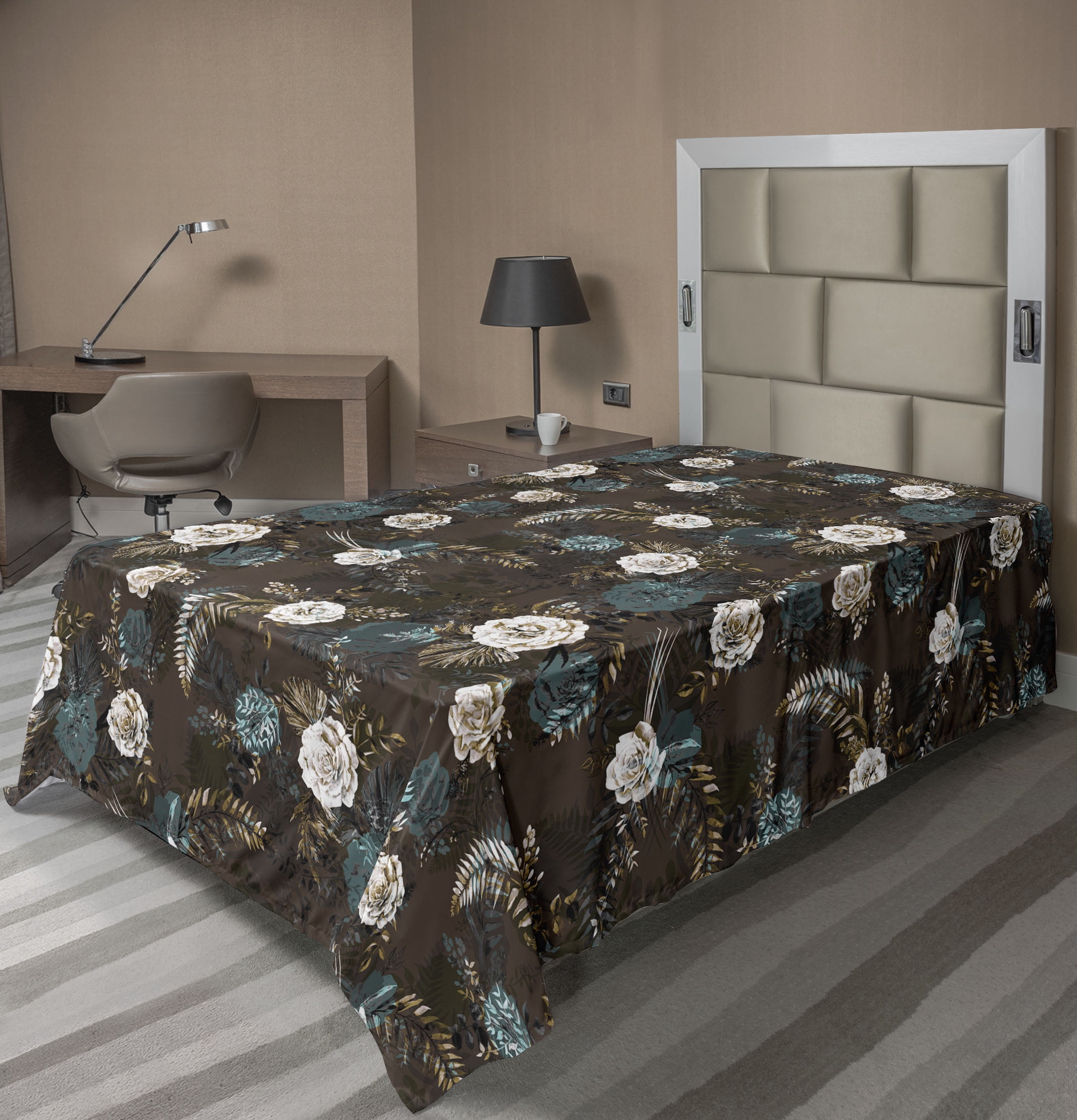 Ambesonne Floral Flat Bedding Sheet Soft Top Sheet, Garden Roses Leaves ...