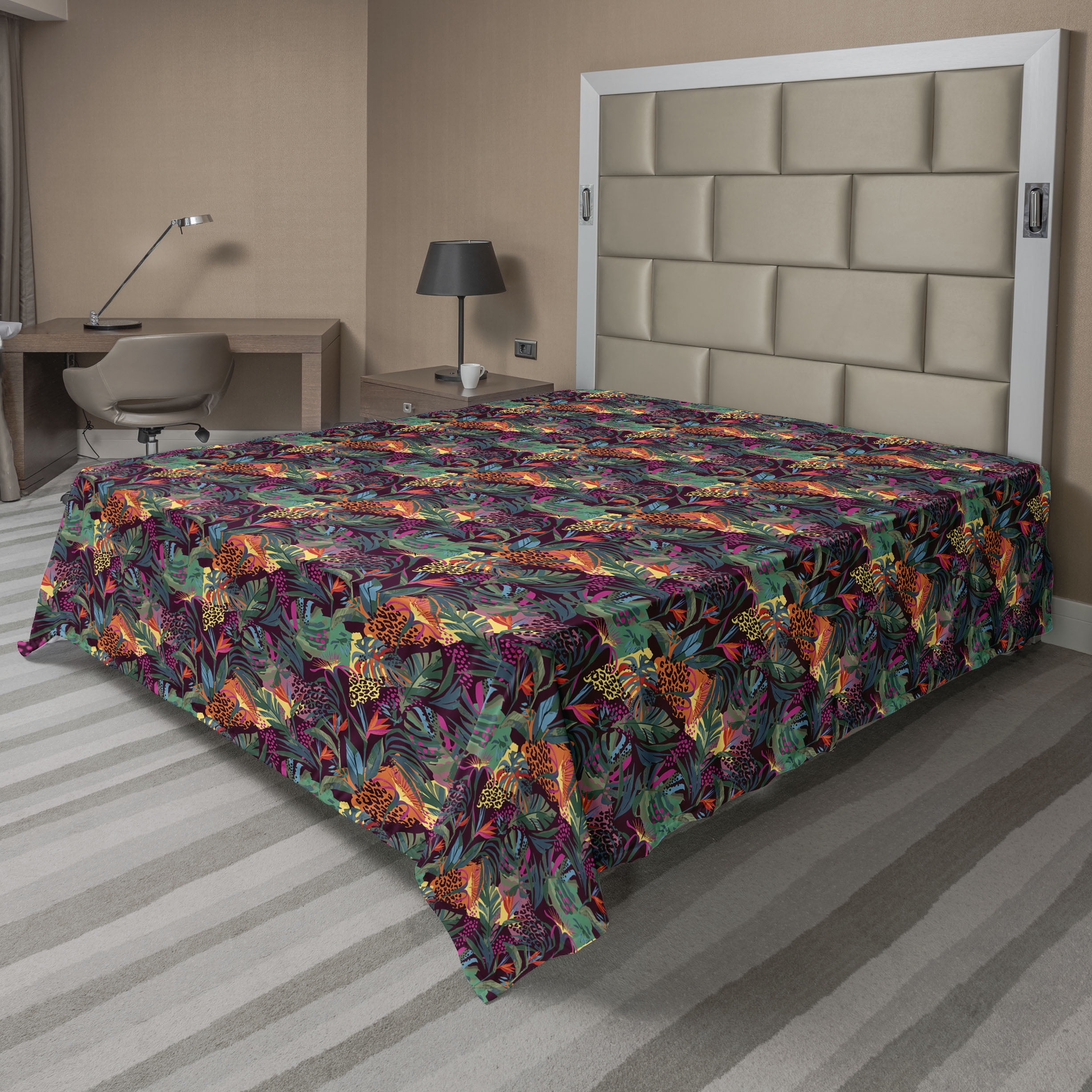 Ambesonne Floral Flat Bedding Sheet Soft Top Sheet, Leafy Leopard Skin ...
