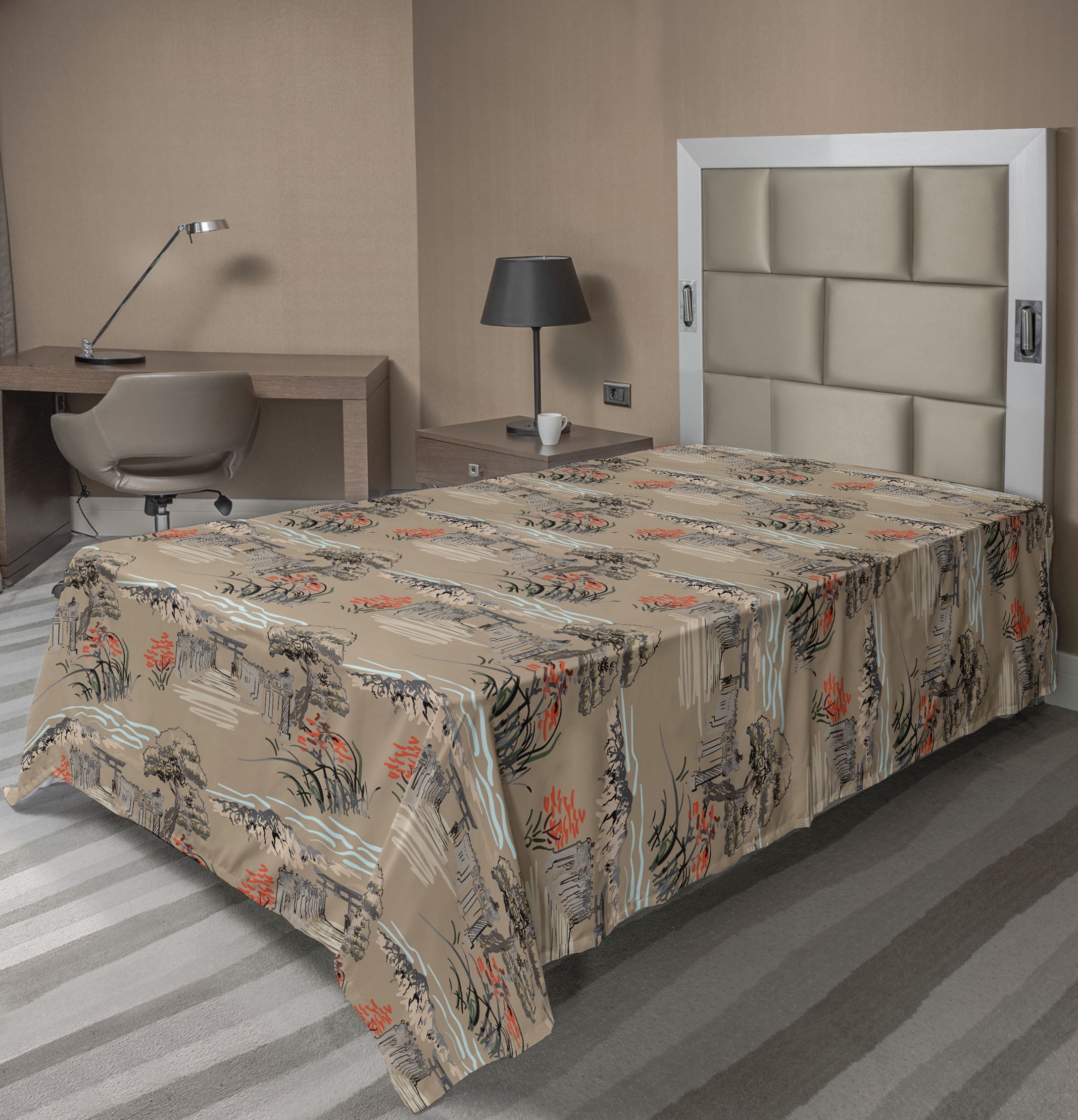 Ambesonne Floral Flat Bedding Sheet Soft Top Sheet, Oriental Landscape ...