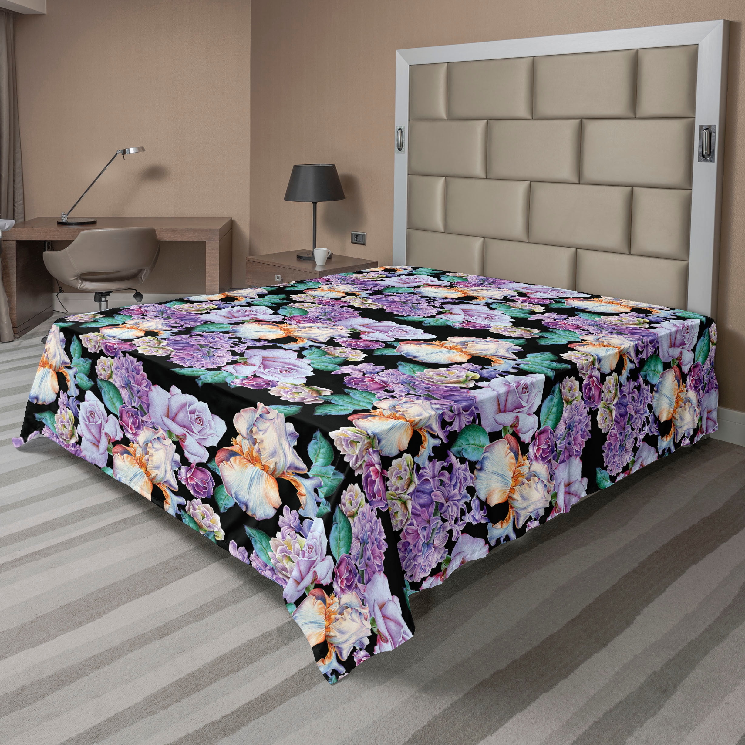 Ambesonne Floral Flat Bedding Sheet Soft Top Sheet, Rose Iris Hyacinth ...
