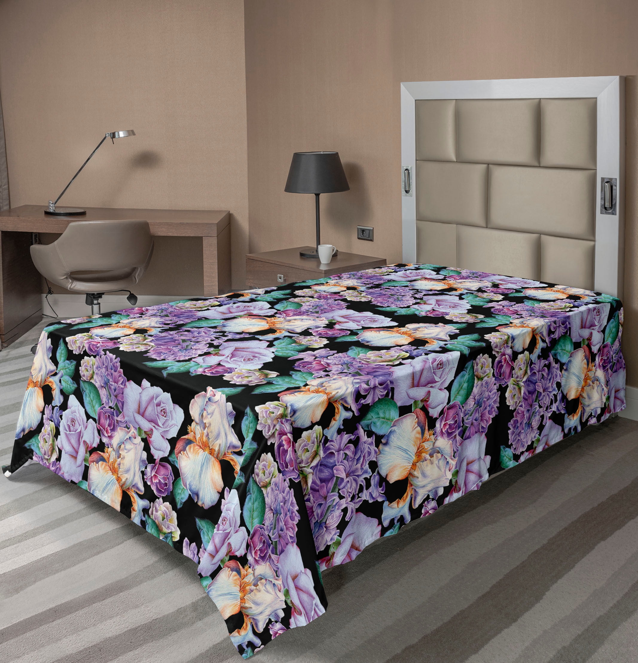 Ambesonne Floral Flat Bedding Sheet Soft Top Sheet, Rose Iris Hyacinth ...