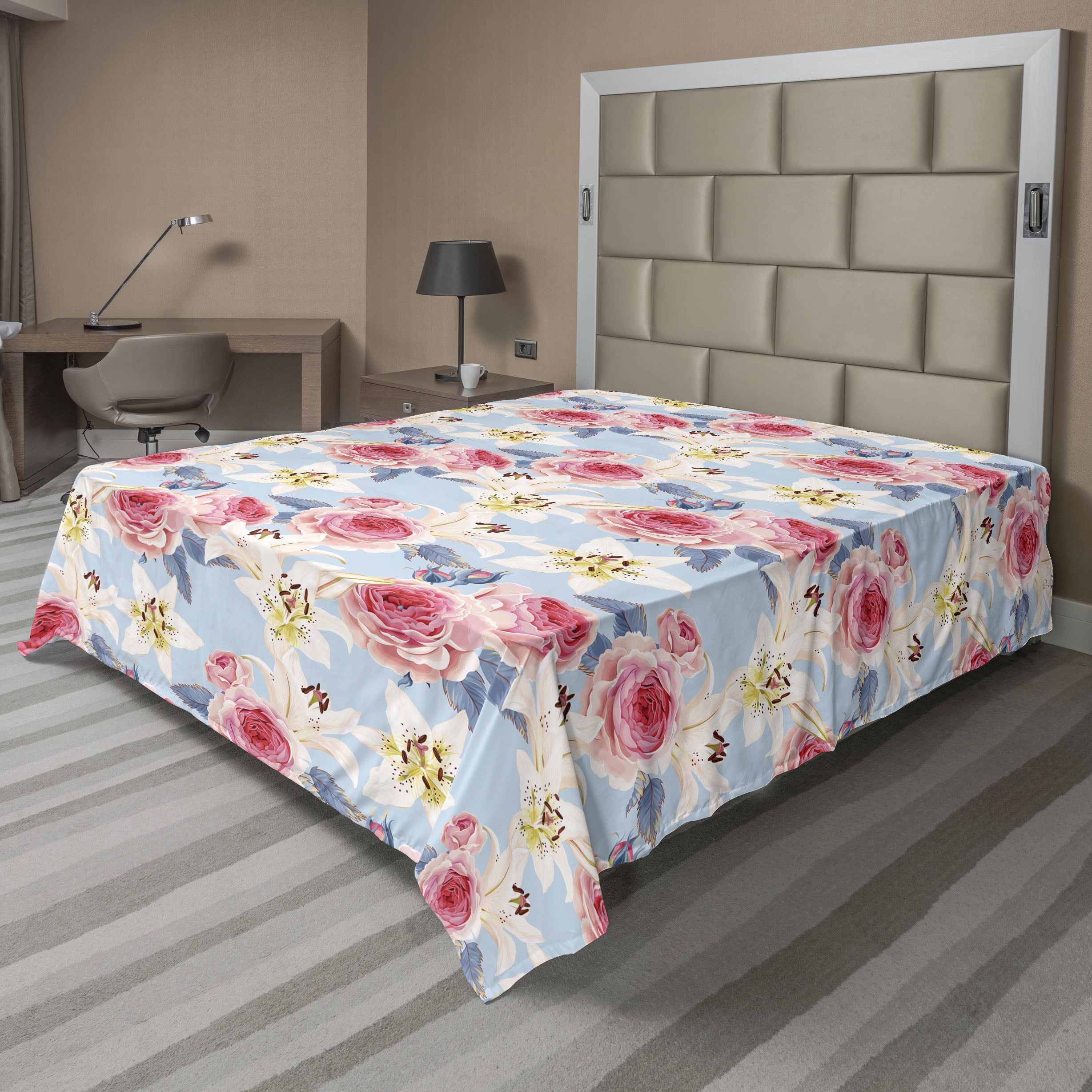 Ambesonne Floral Flat Bedding Sheet Soft Top Sheet, Rose Lily Flowers ...