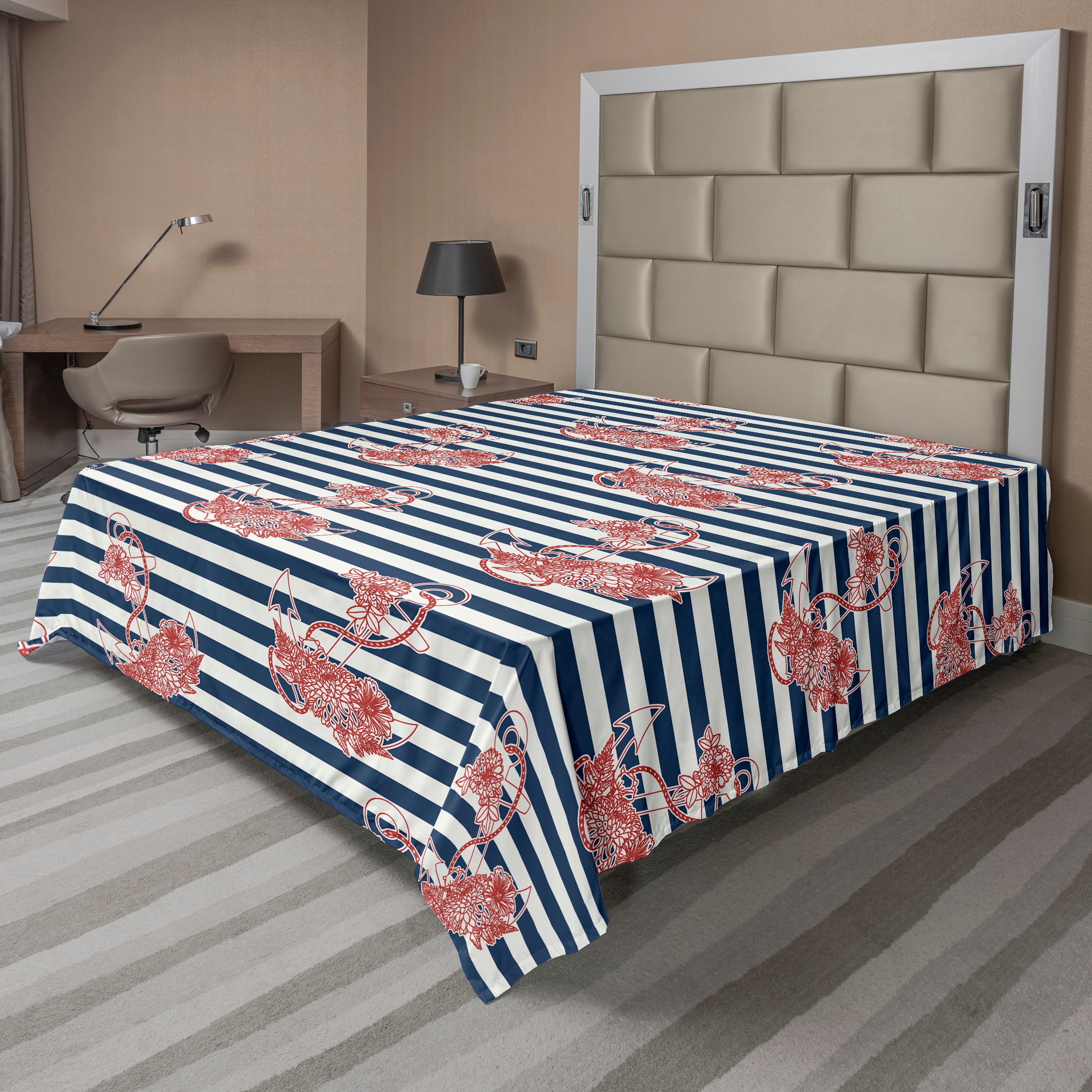 Ambesonne Floral Flat Sheet, Anchor Striped Backdrop, King Size, White ...