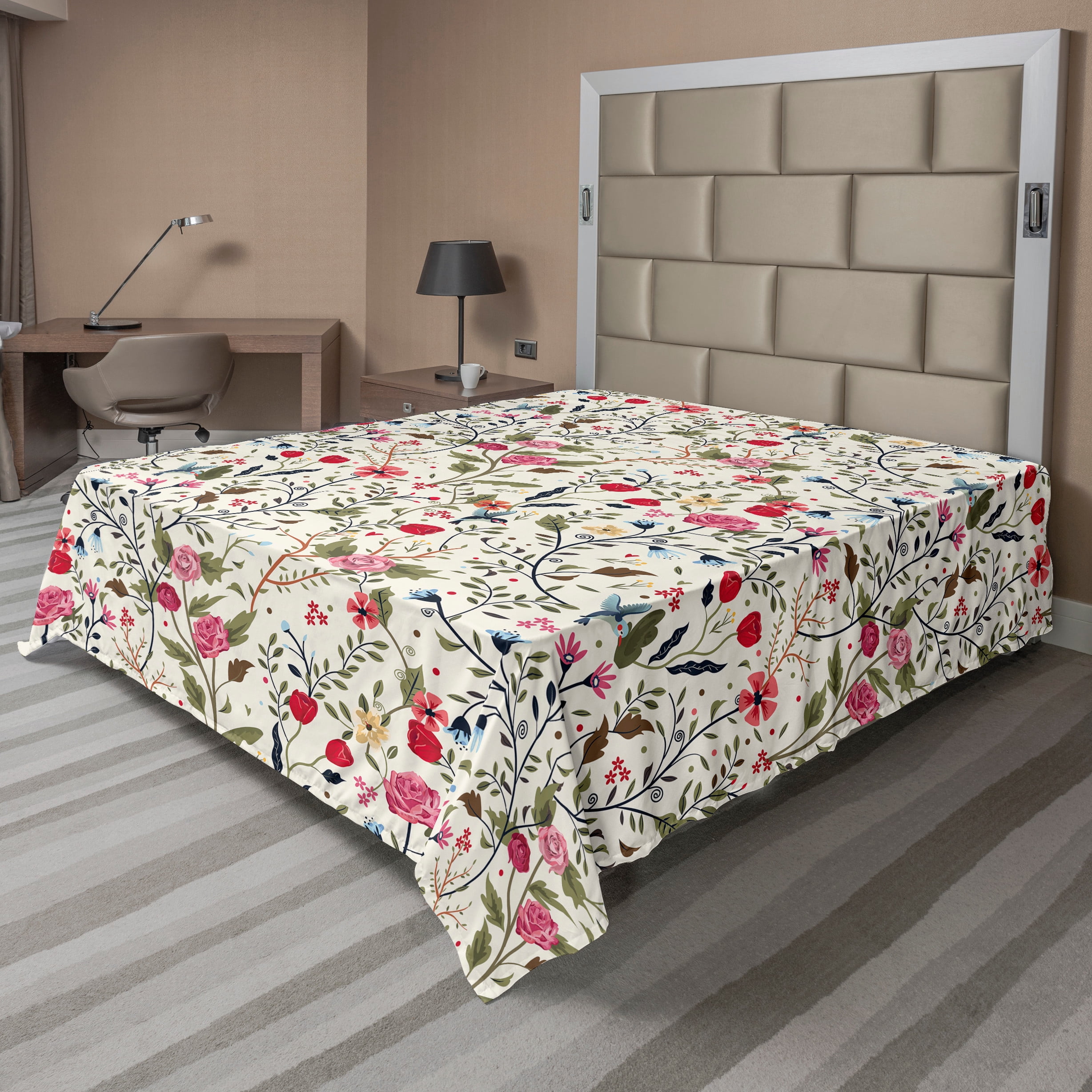 Ambesonne Floral Flat Sheet, Birds Roses Polka Dots, King Size ...
