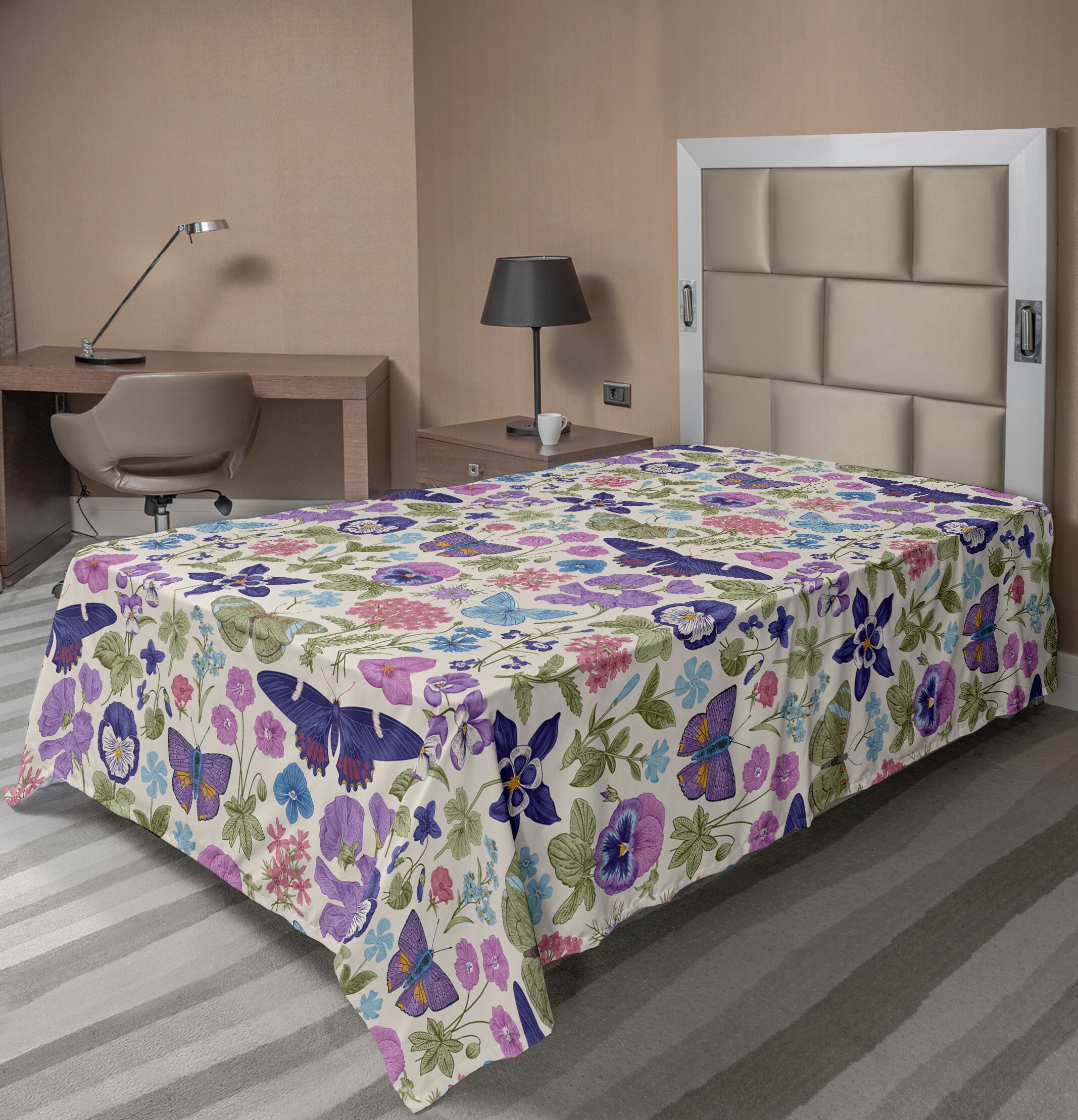 Ambesonne Floral Flat Sheet, Butterfly Pansy Flower Leaf, Twin Size ...