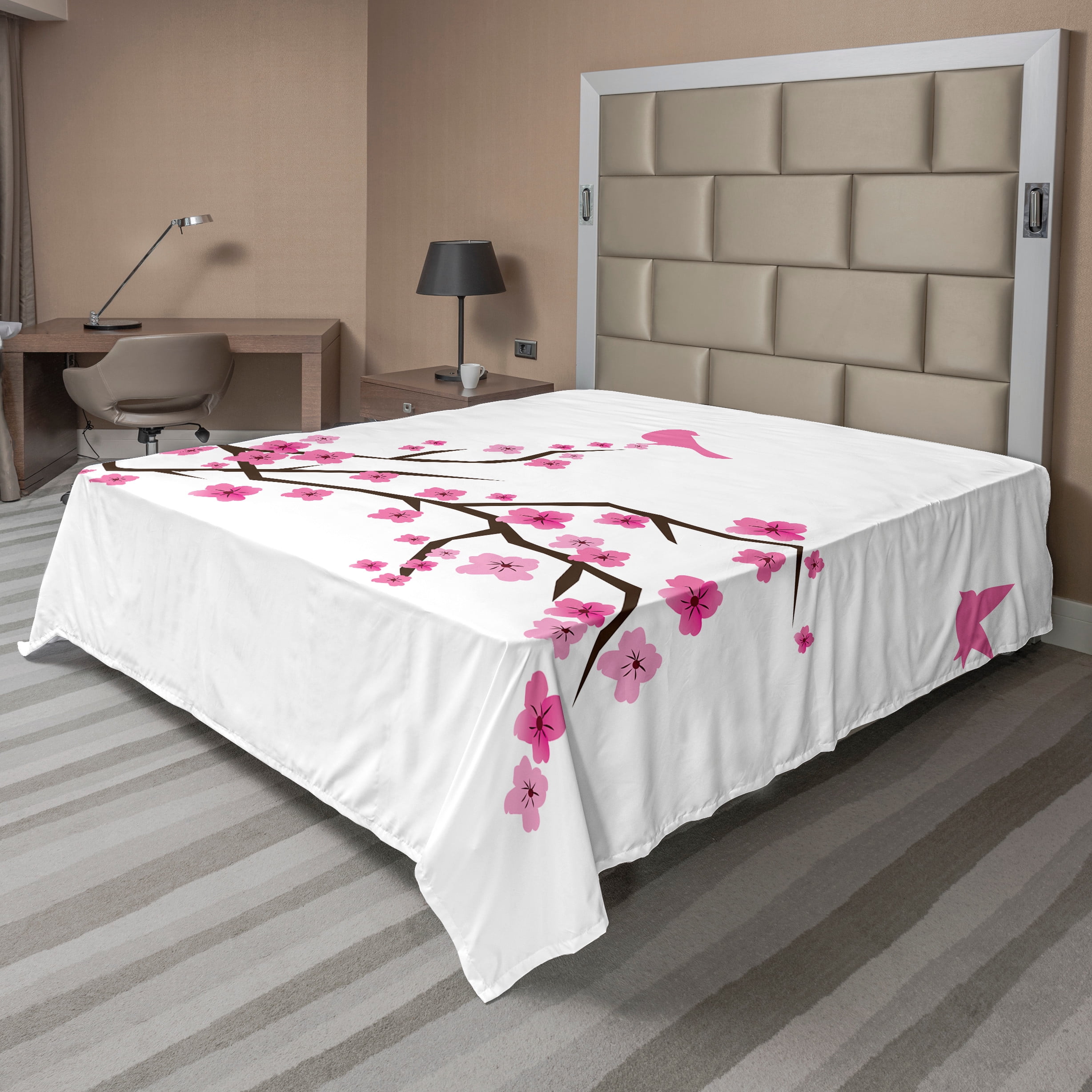Ambesonne Floral Flat Sheet, Japanese Cherry Blossoms Art, Queen Size ...