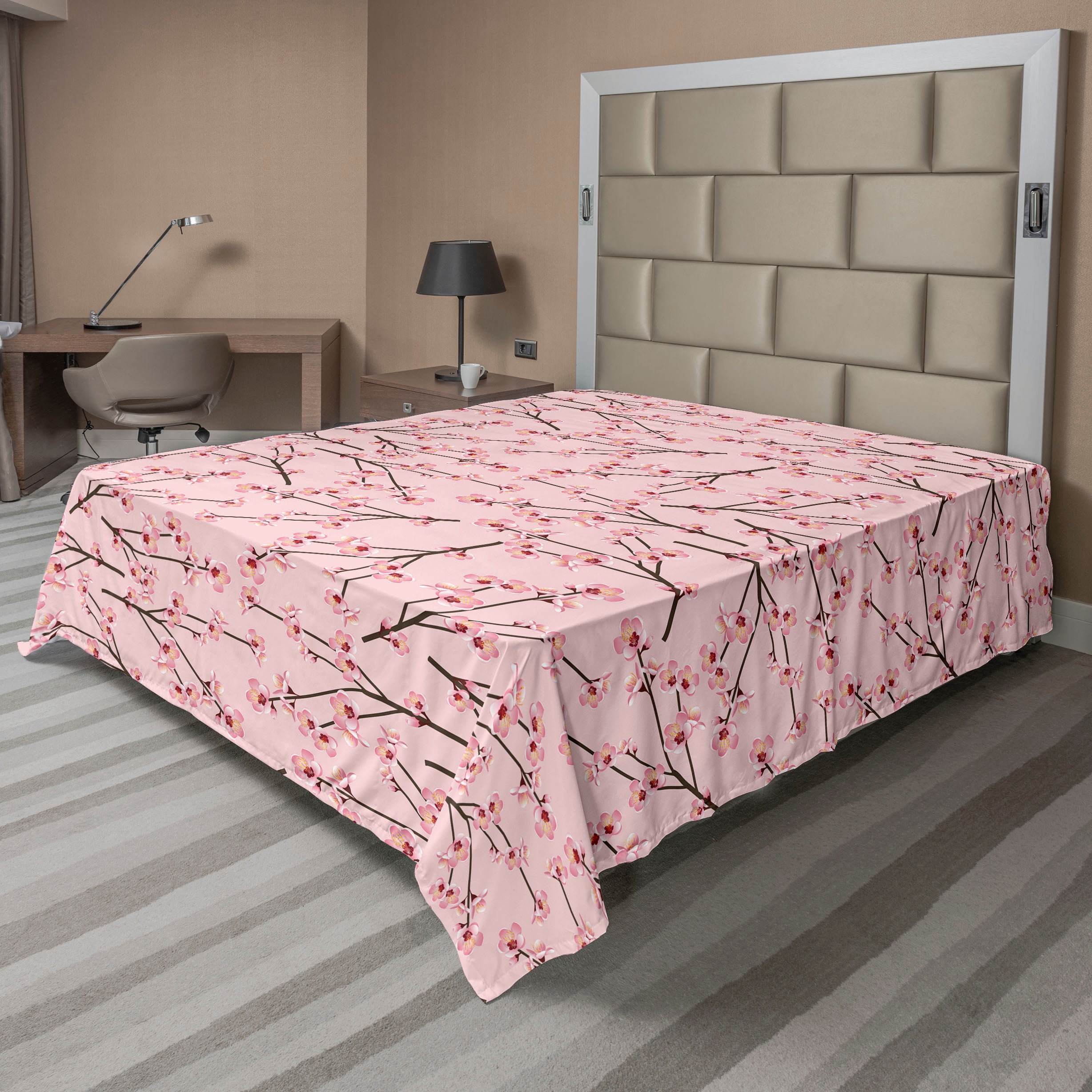 Ambesonne Floral Flat Sheet, Japanese Momo Tree Branches, King Size ...