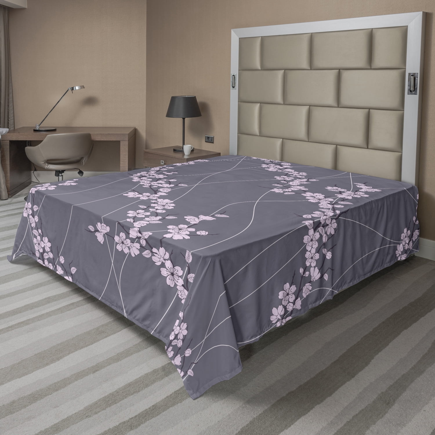 Ambesonne Floral Flat Sheet, Japanese Sakura, King Size, Taupe Pale ...