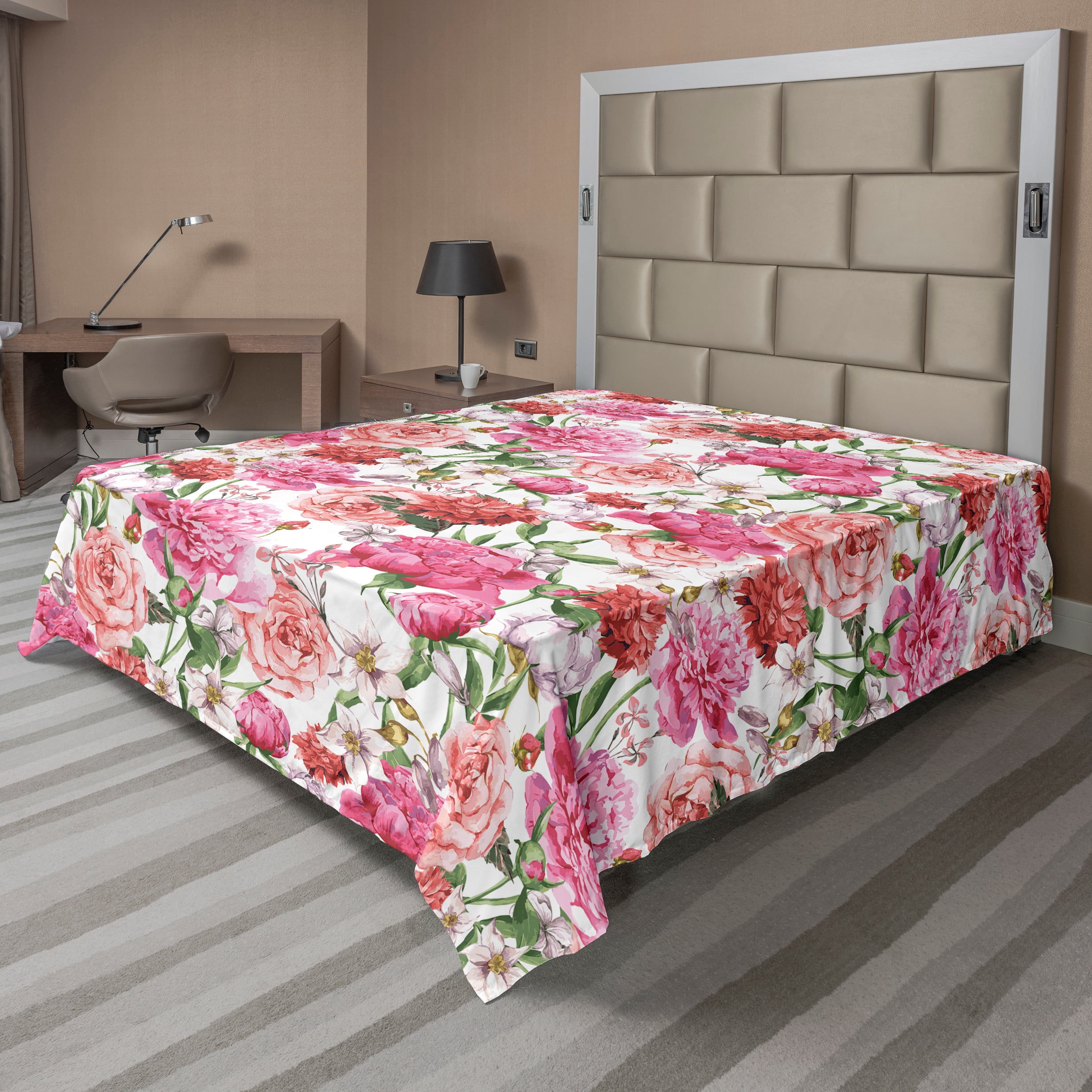 Ambesonne Floral Flat Sheet, Peonies and Roses, Queen Size, White Pink ...