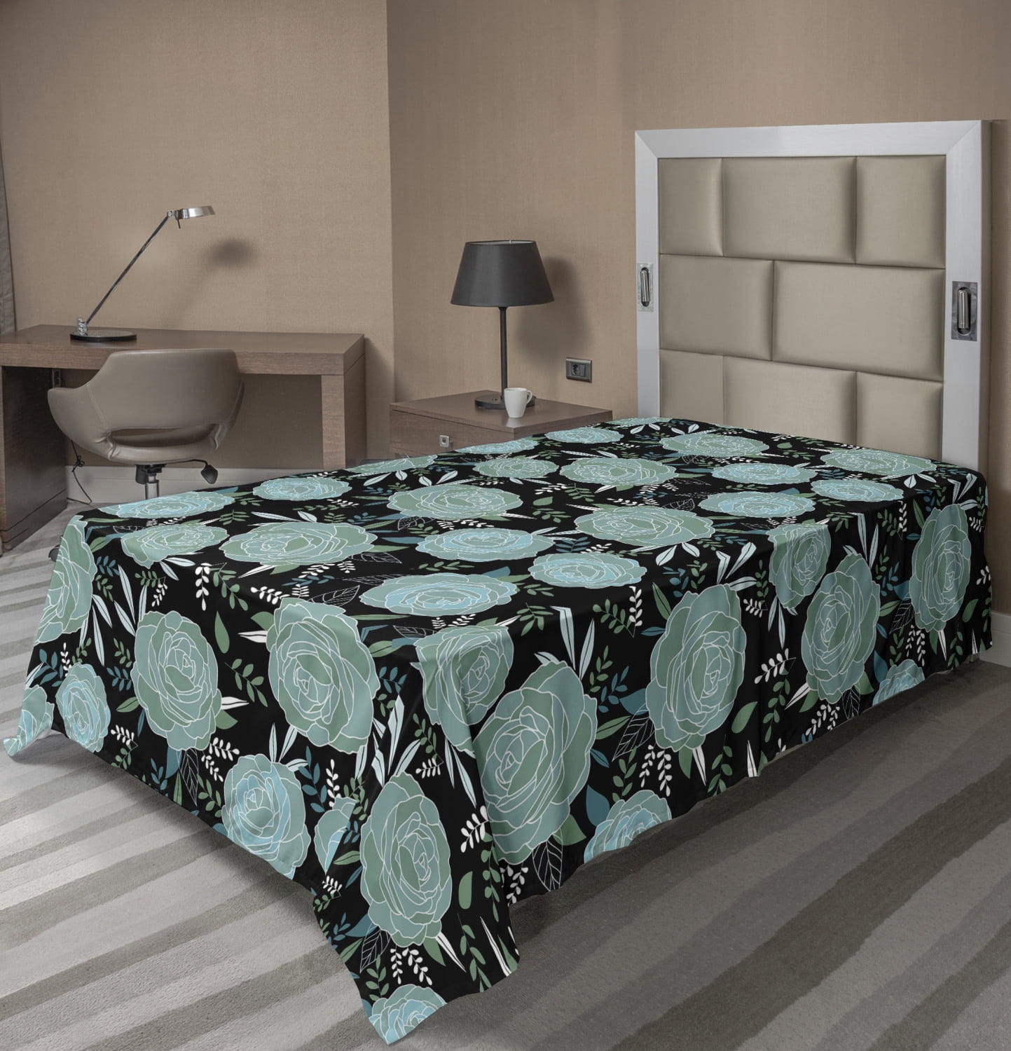 Ambesonne Floral Flat Sheet, Vintage Style Budding Roses, TwinXL Size, Charcoal Grey Pale Teal ...