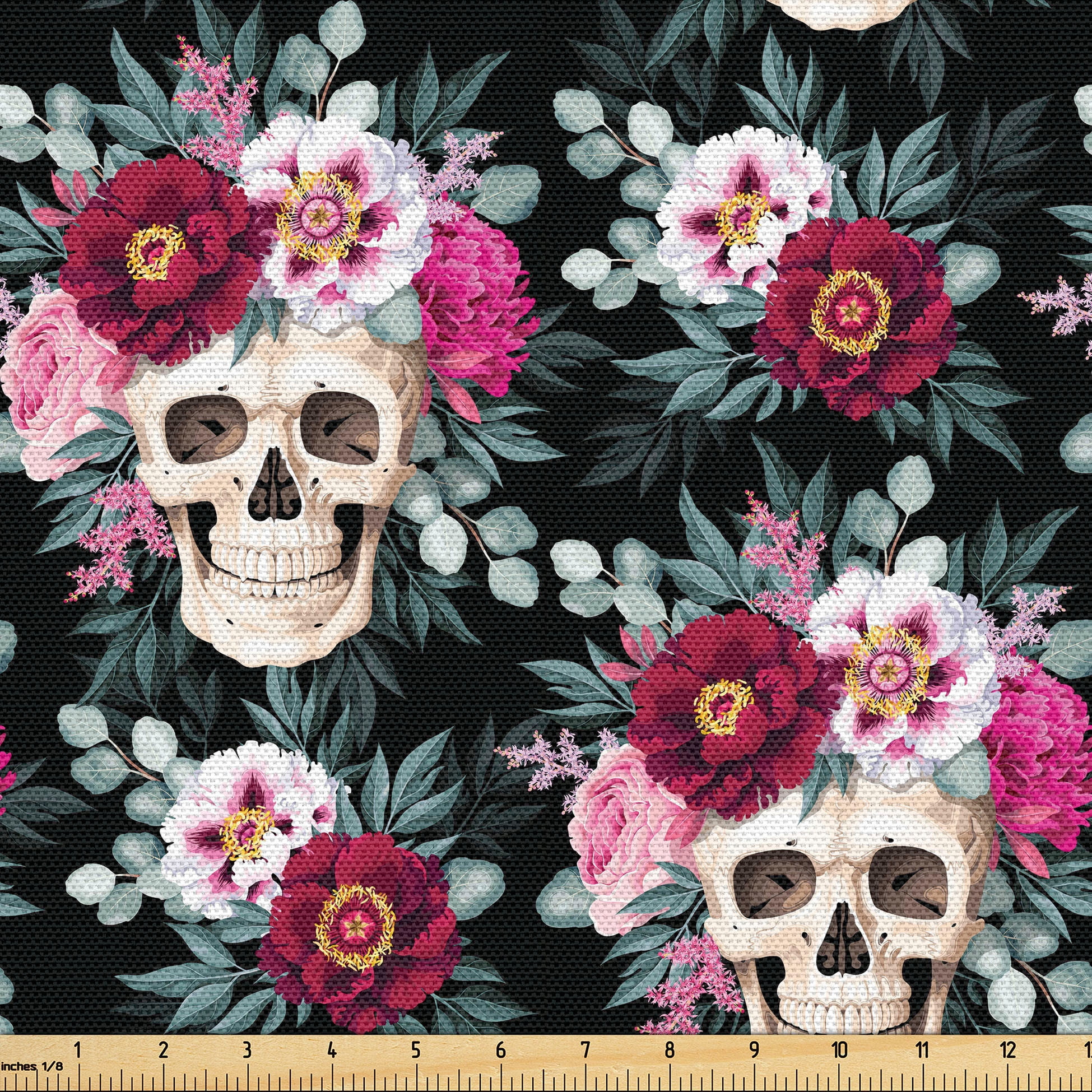 Ambesonne Floral Goth Art Fabric by the Yard Upholstery, Skulls Bouquet ...