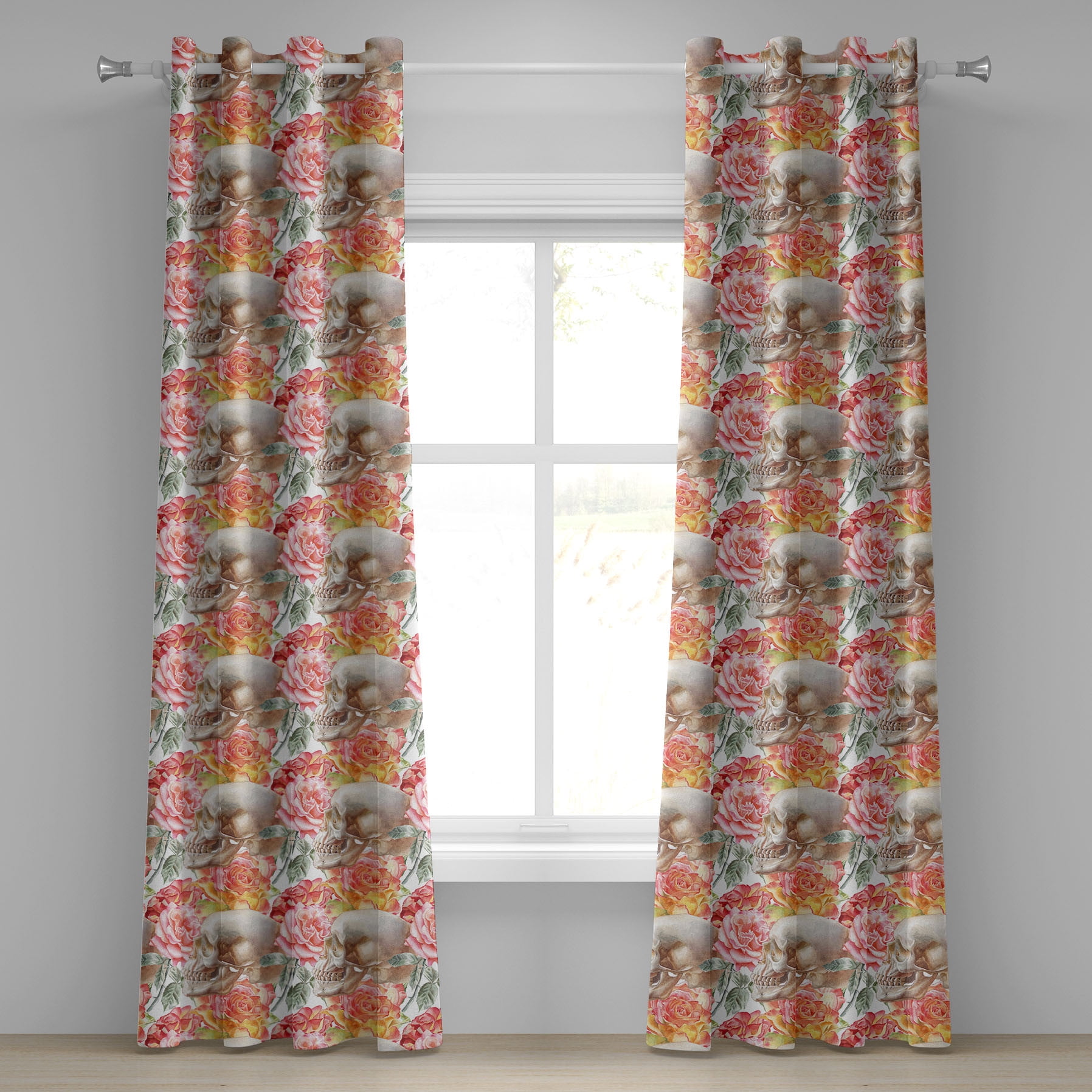 Ambesonne Floral Grommet Curtain Garden Spring Rose Skull Art 50x120