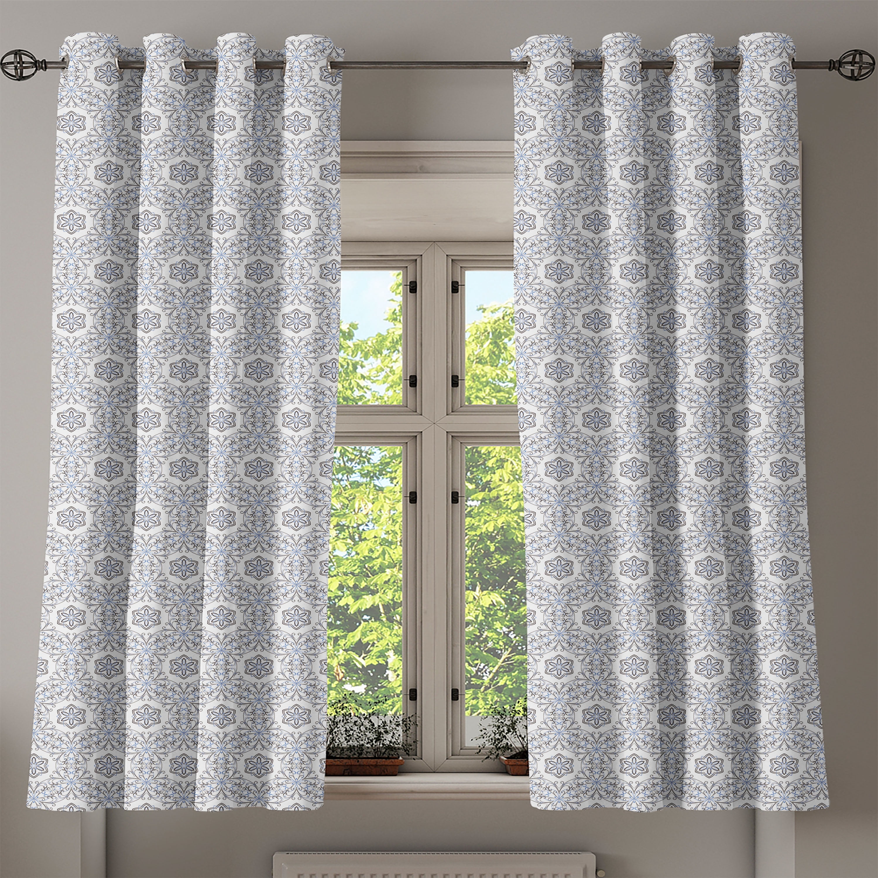 Ambesonne Floral Grommet Curtain, Scroll Curls Mosaic Tile, 50" x 63 ...