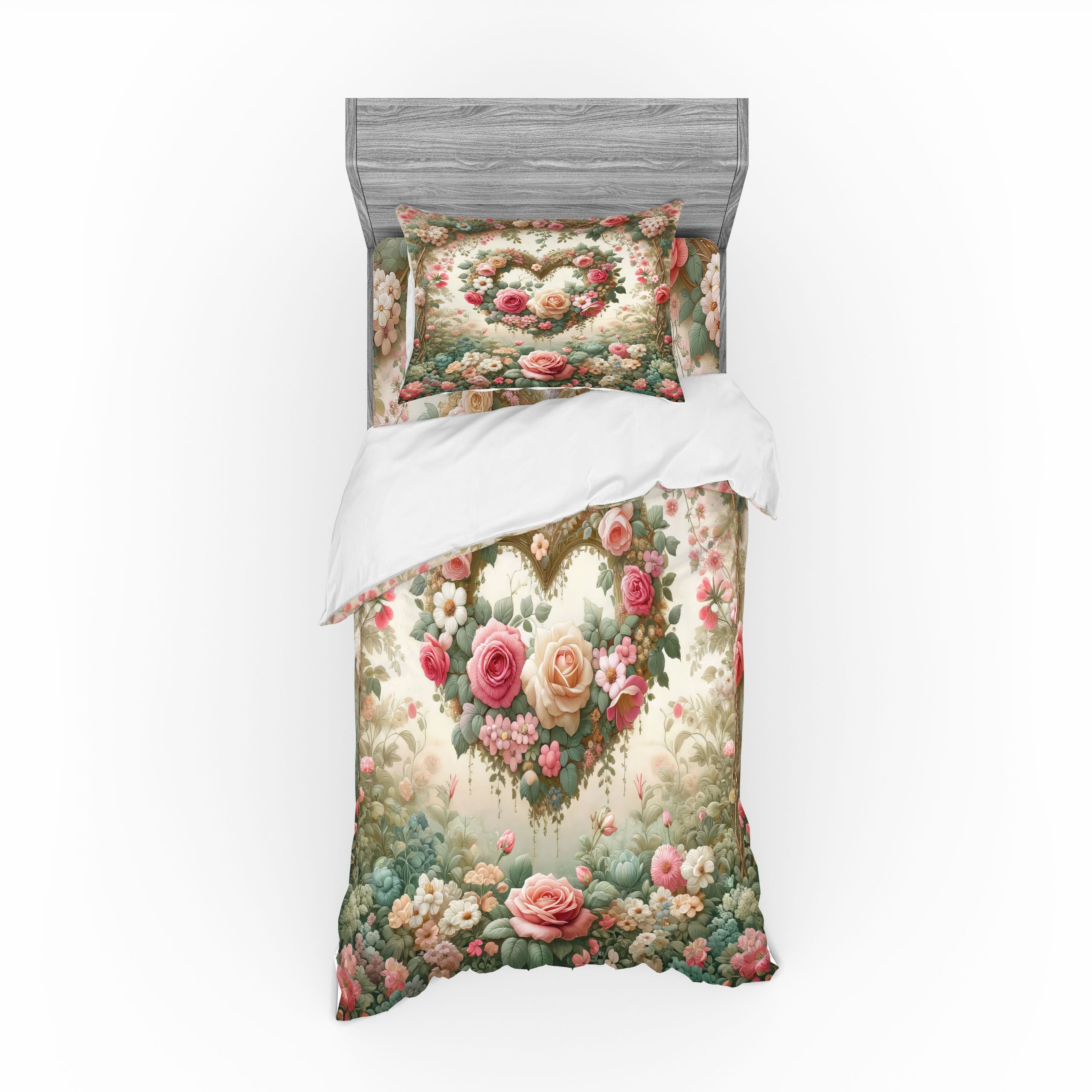 Ambesonne Floral Heart Bedding Set 3 Pcs, Tender Medieval Garden, Twin ...