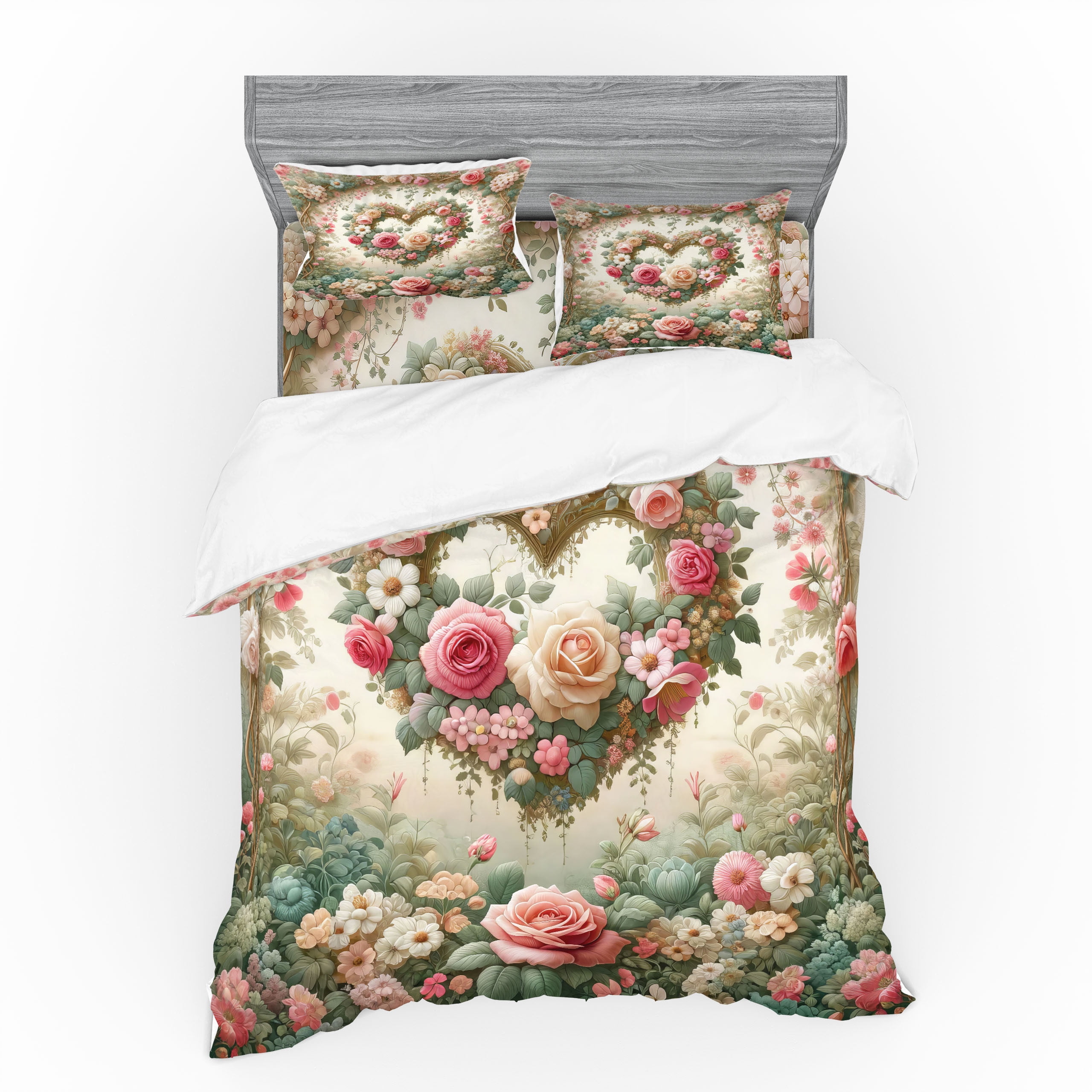 Ambesonne Floral Heart Bedding Set 4 Pcs, Tender Medieval Garden, Queen ...