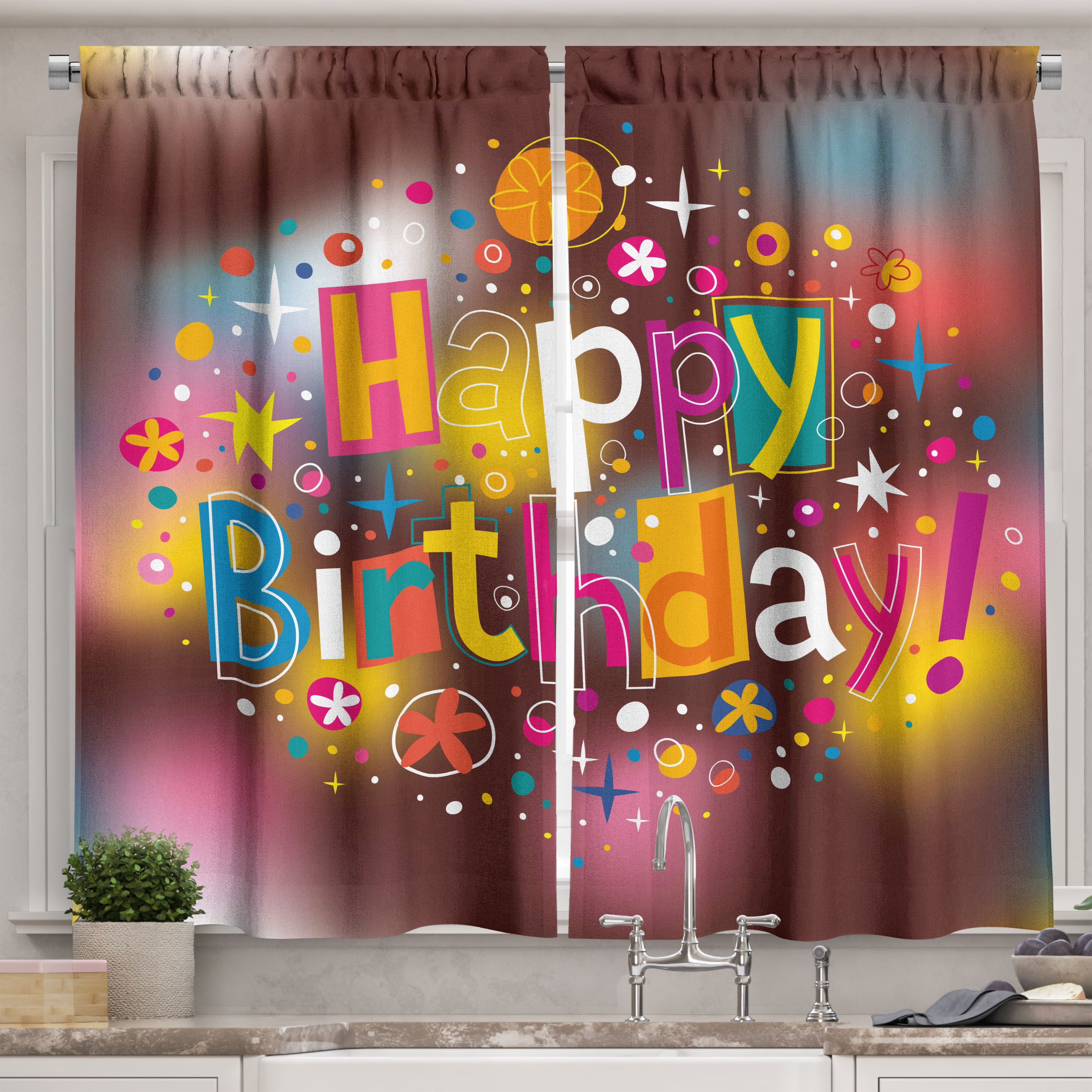 Ambesonne Floral Kitchen Curtains, Birthday Message Fun, 55"x39 ...