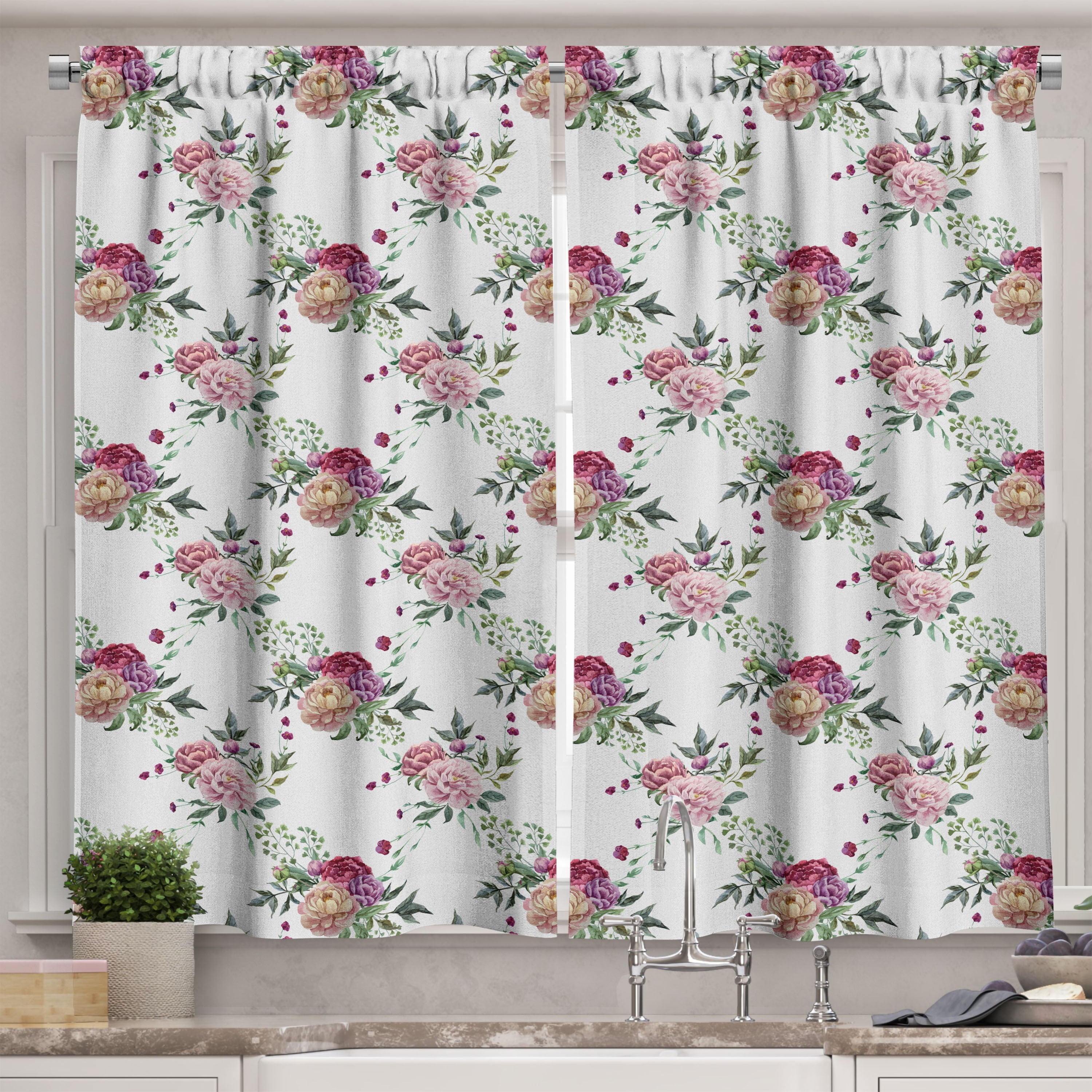 Ambesonne Floral Kitchen Curtains, Botanical Blossoms Art, 55"x45", Off ...