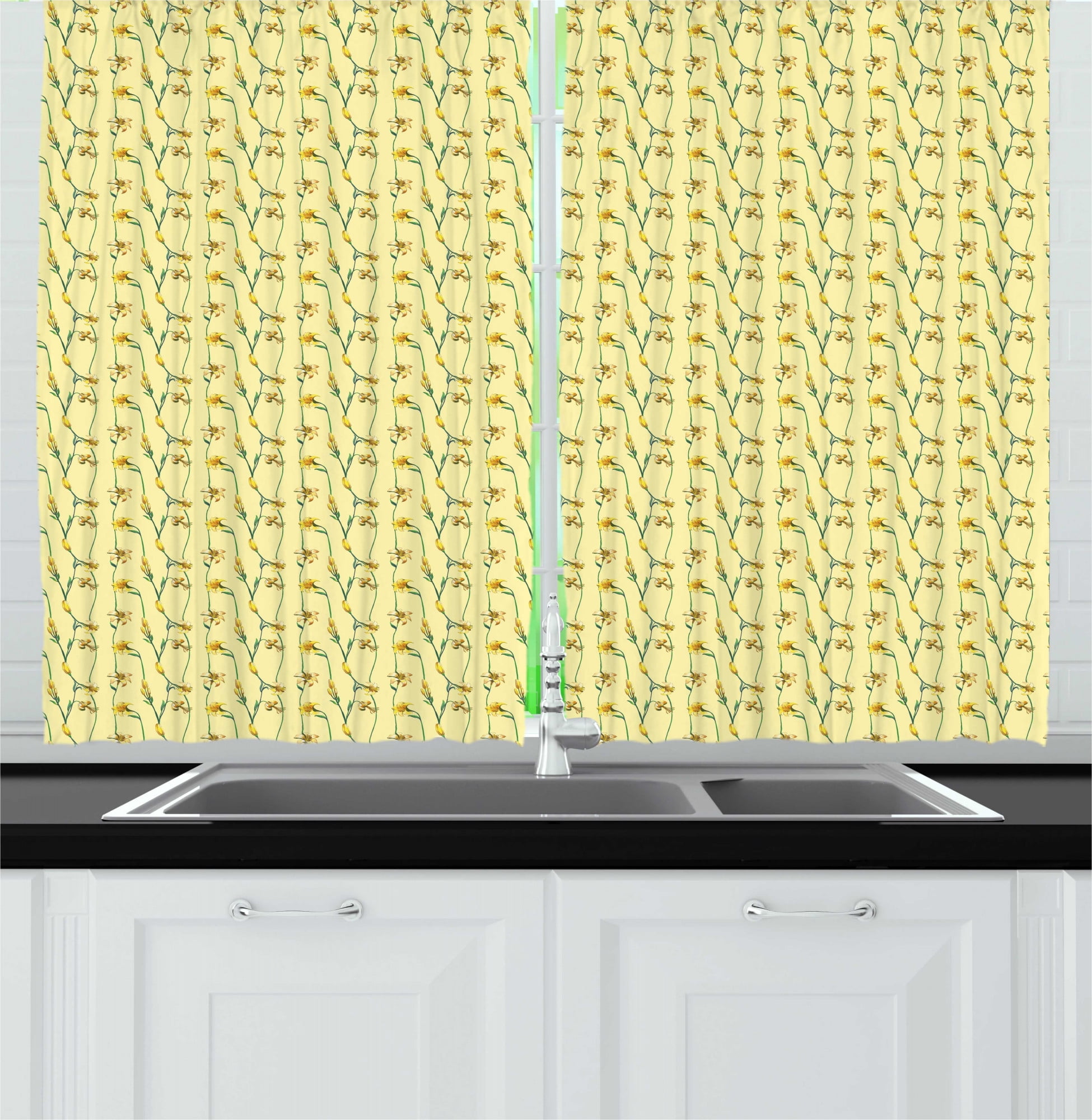 Ambesonne Floral Kitchen Curtains, Buttercup Daffodil Branches, 55"x45 ...