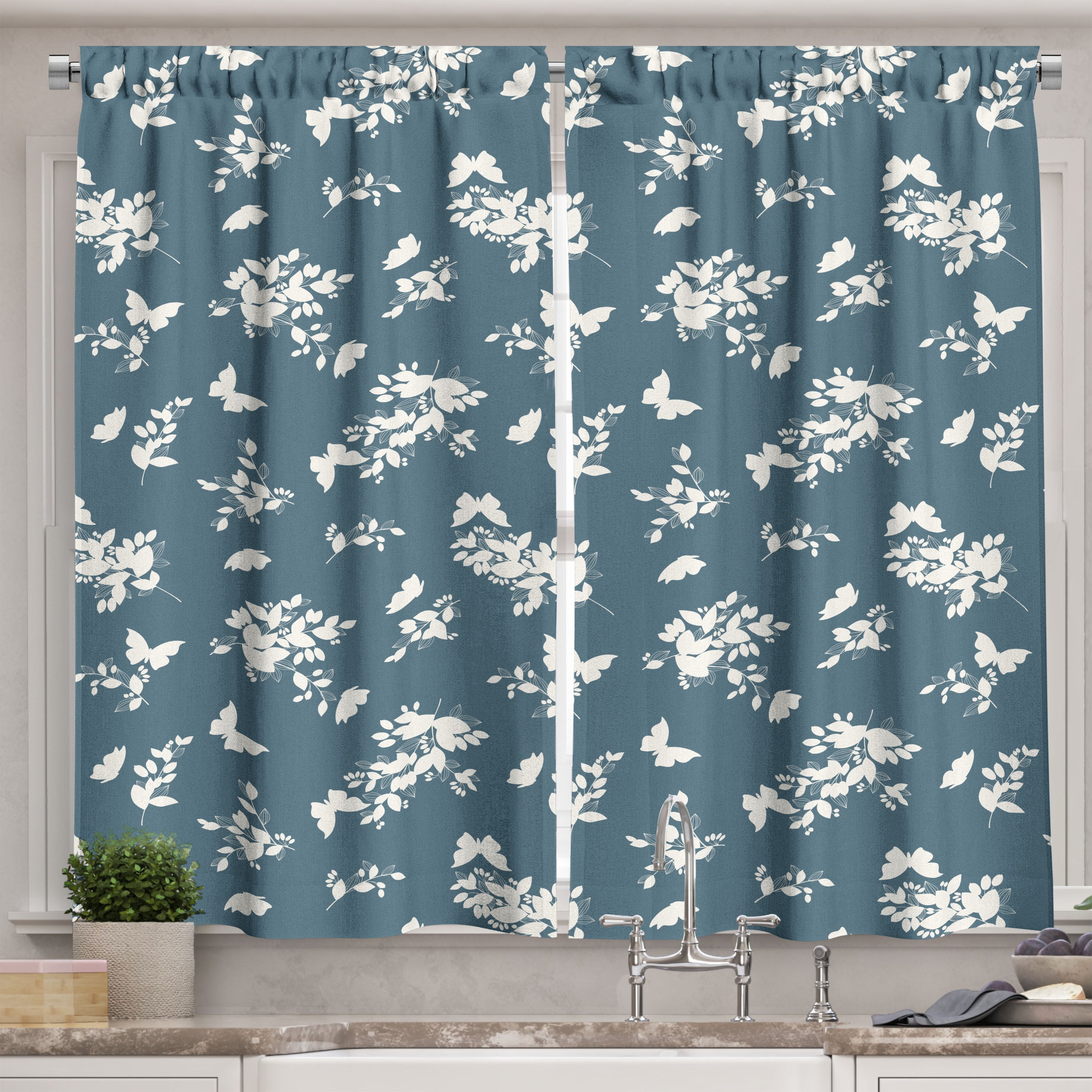 Ambesonne Floral Kitchen Curtains, Butterfly Flower Pattern Art, 55"x45 ...