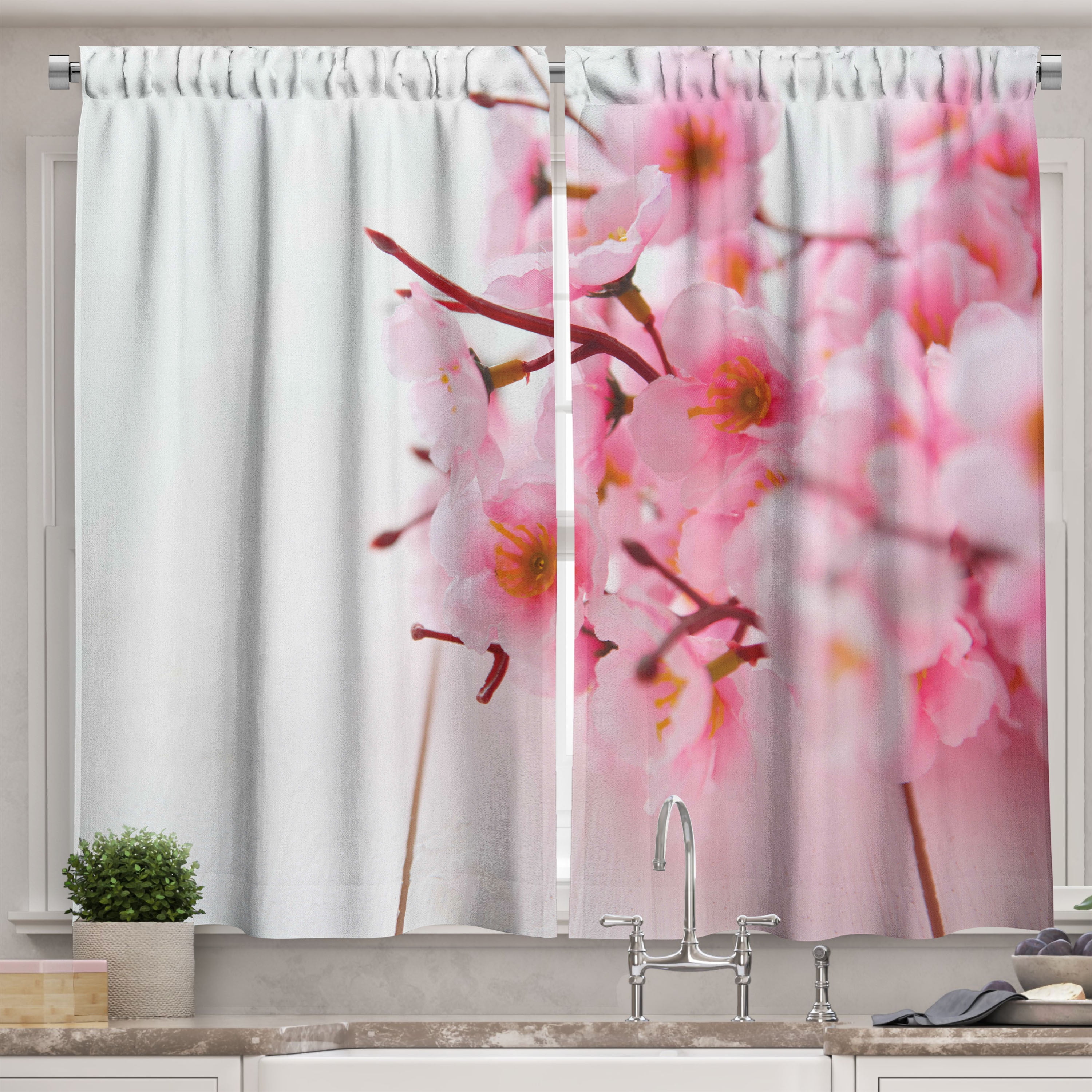 Ambesonne Floral Kitchen Curtains, Cherry Blossom Petals, 55"x39", Pale ...