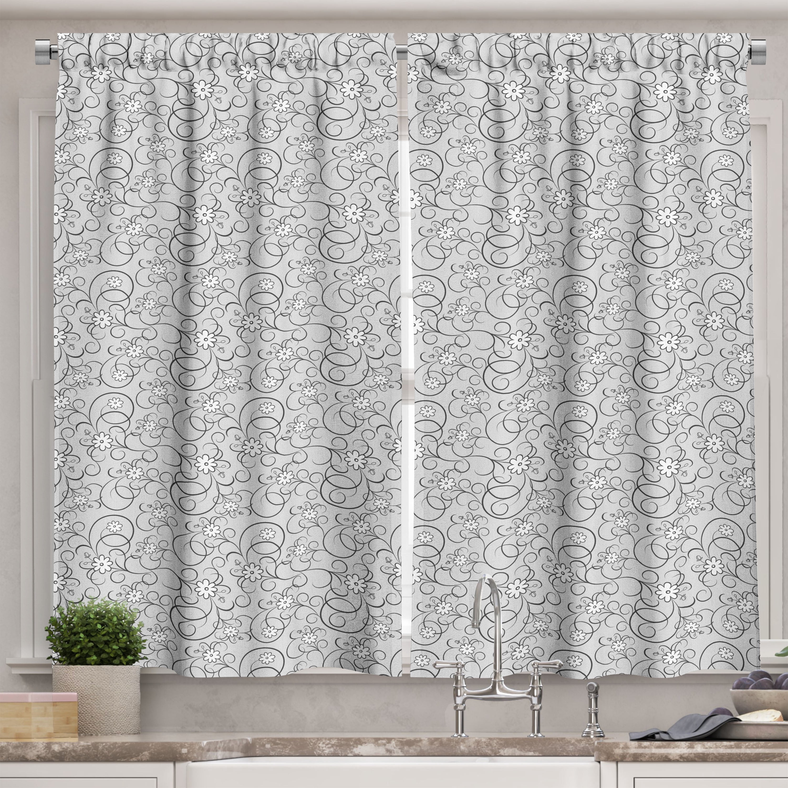 Ambesonne Floral Kitchen Curtains, Curlicue Style Motifs Art, 55"x39 ...