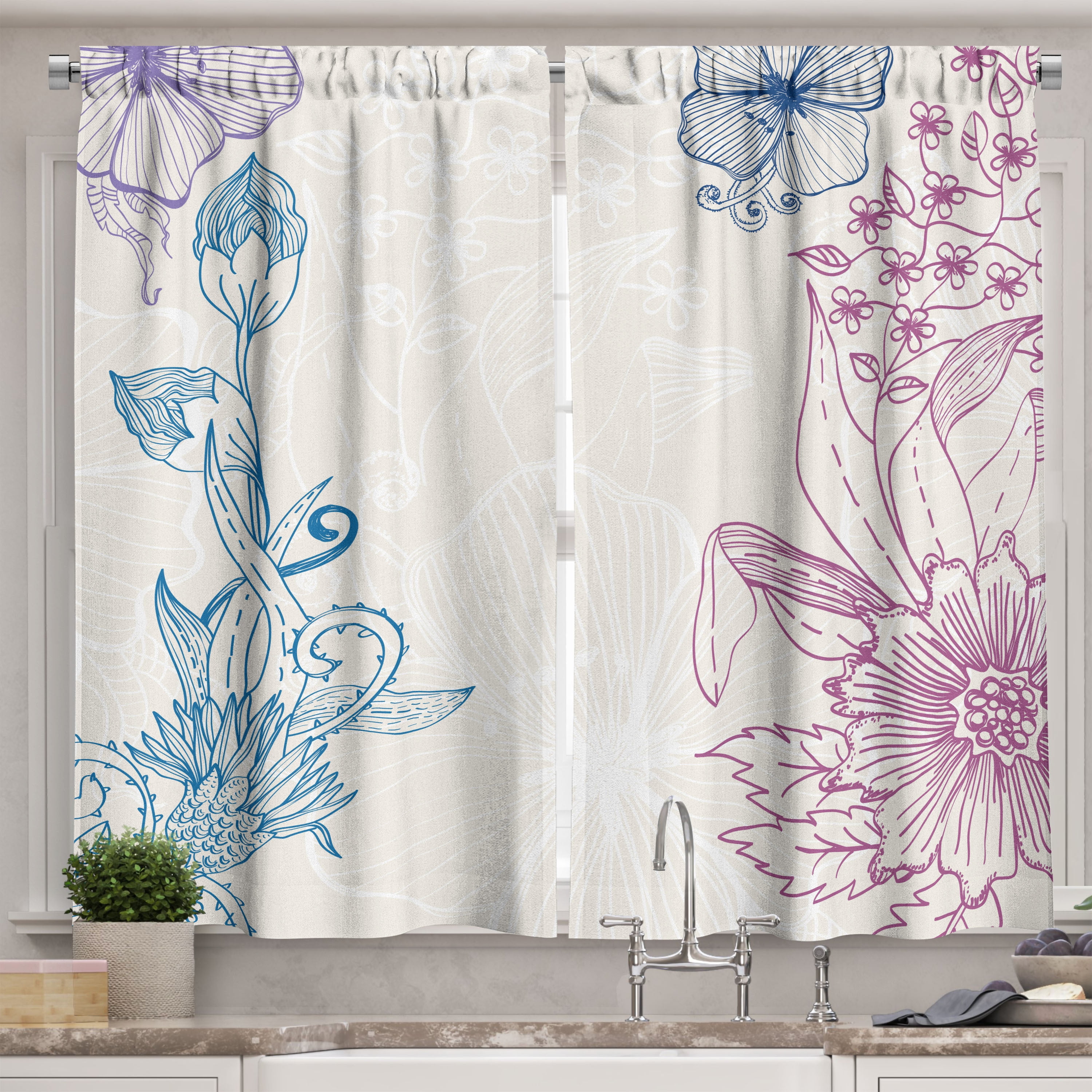 Ambesonne Floral Kitchen Curtains, Flower Field Spring Art, 55"x39 ...
