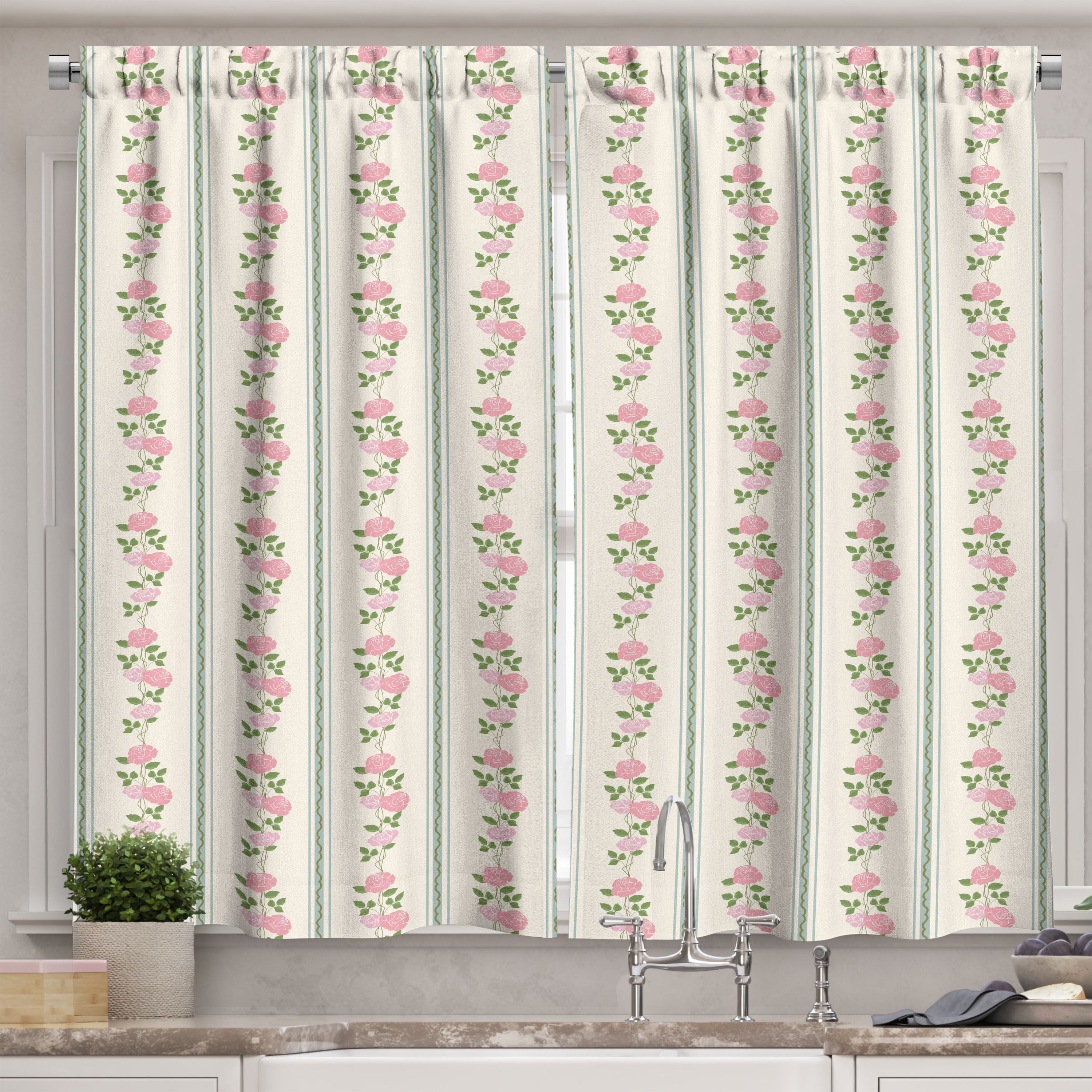 Ambesonne Floral Kitchen Curtains, Flower Roses Buds Swirls, 55"x39 ...