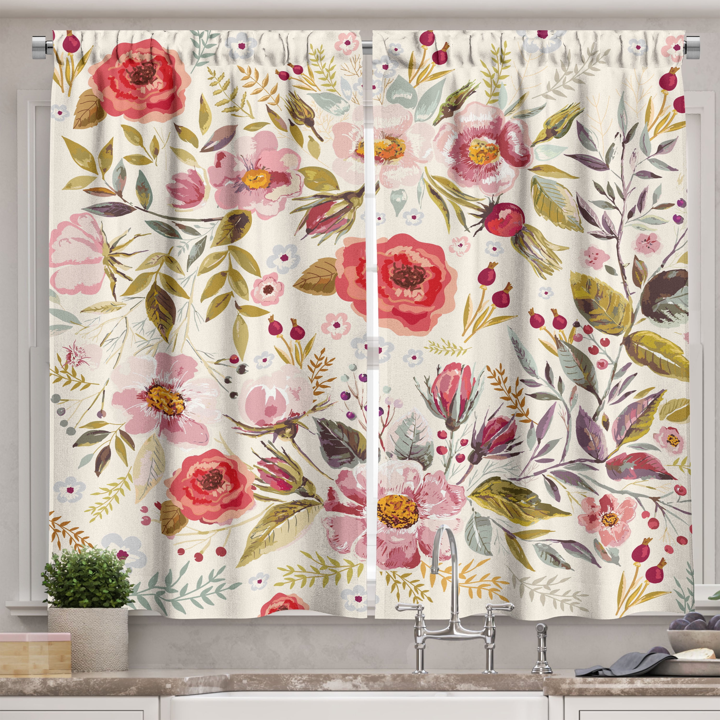 Ambesonne Floral Kitchen Curtains, Flowers Roses Blooms, 55"x39 ...