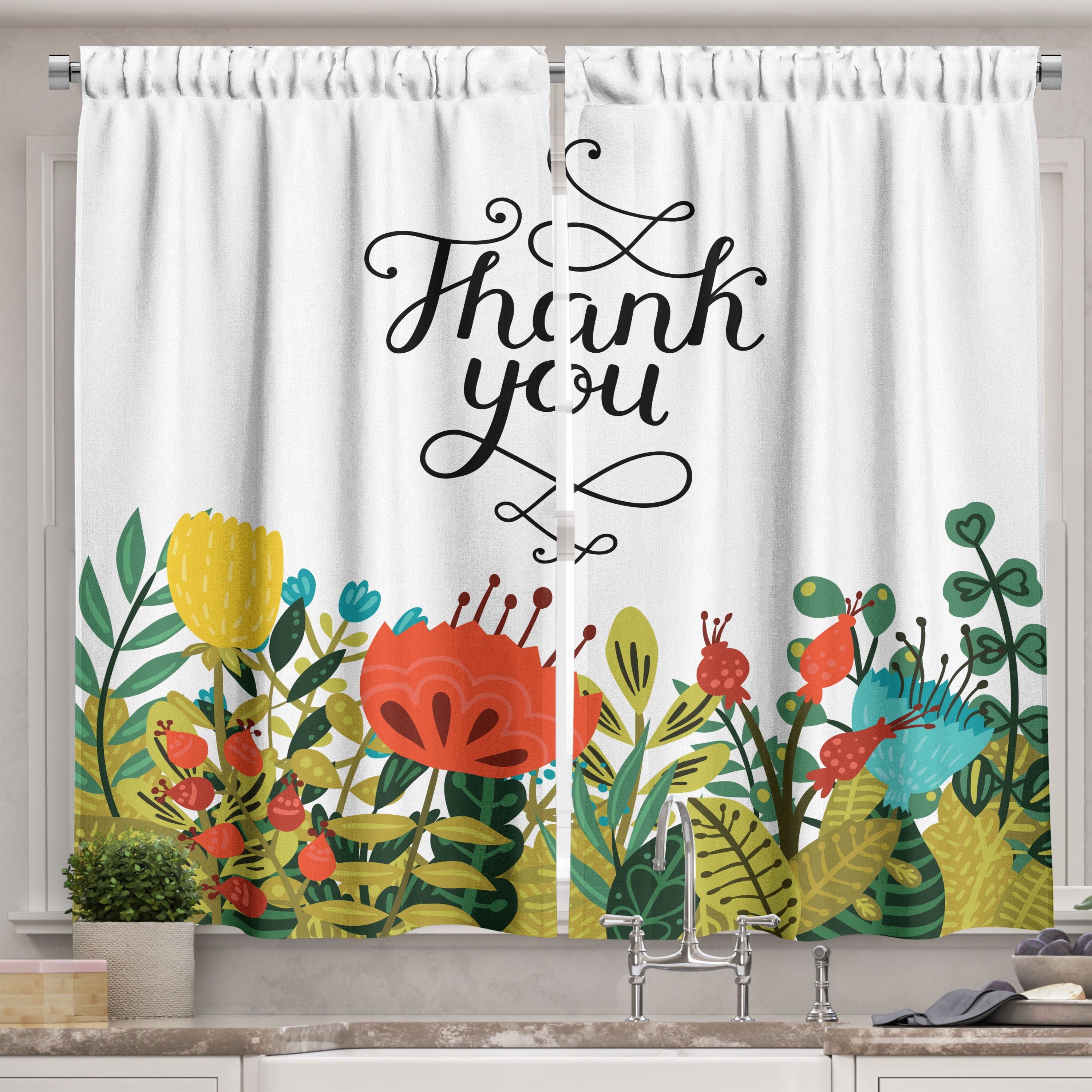 Ambesonne Floral Kitchen Curtains, Hand Writing Thank You, 55"x39 ...