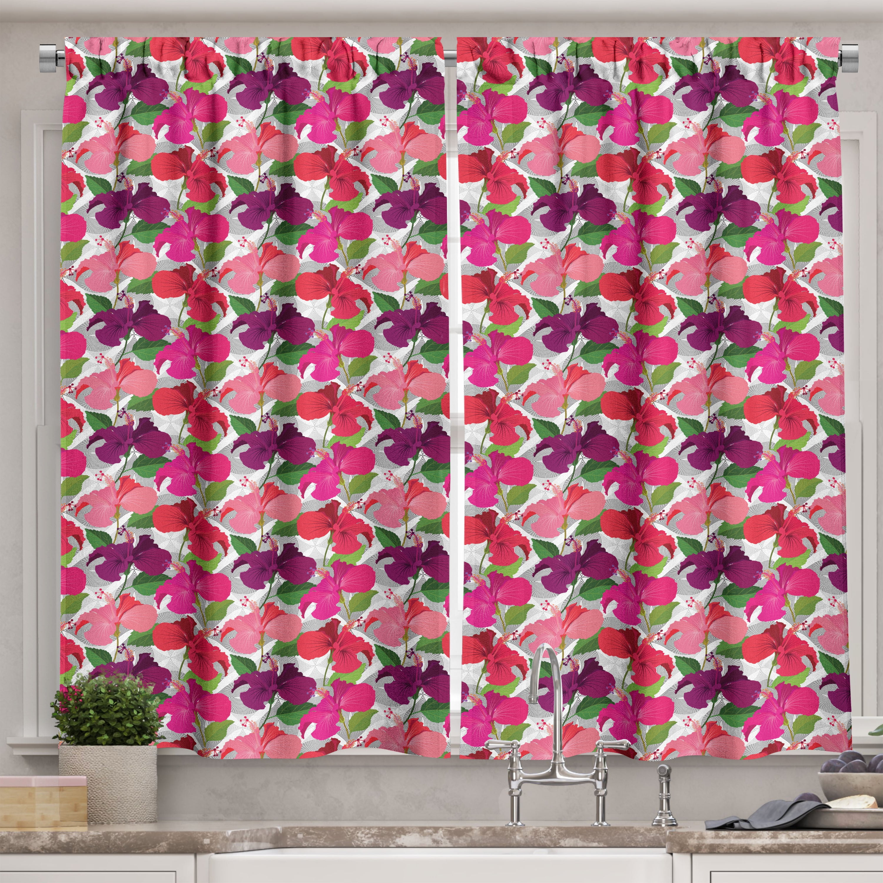 Ambesonne Floral Kitchen Curtains, Hibiscuses Tropical Pattern, 55"x45 ...